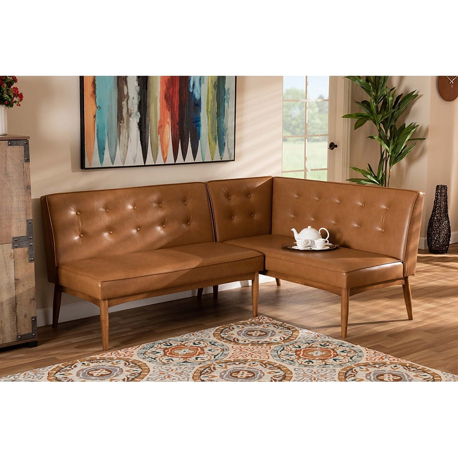 Baxton Studio Arvid Mid Century Modern Tan Faux Leather Upholstered and Walnut Brown Finished 2 Piece Wood Dining Nook Walmart