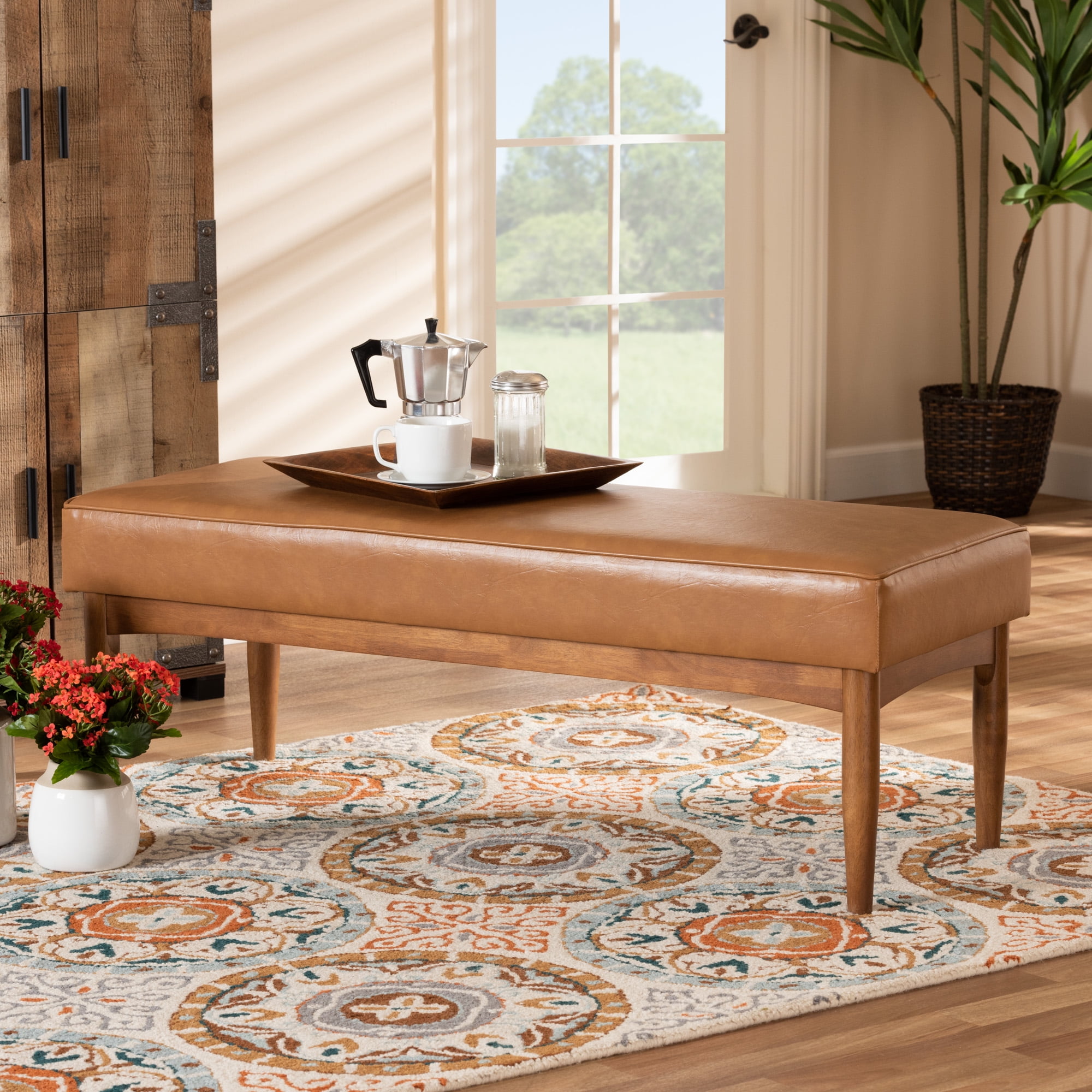 Baxton Studio Arvid Mid-Century Modern Tan Faux Leather Upholstered and ...