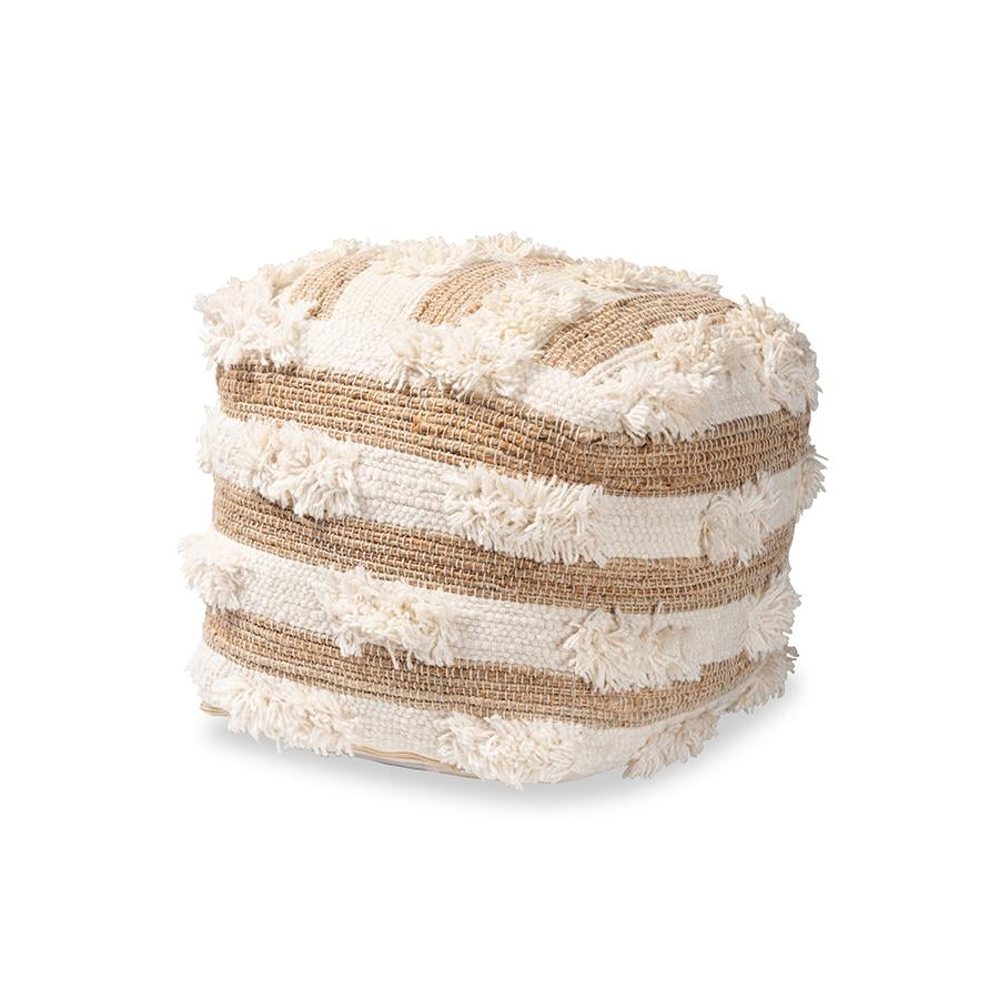 Baxton Studio Basque Natural and Ivory Handwoven Wool Blend Pouf ...