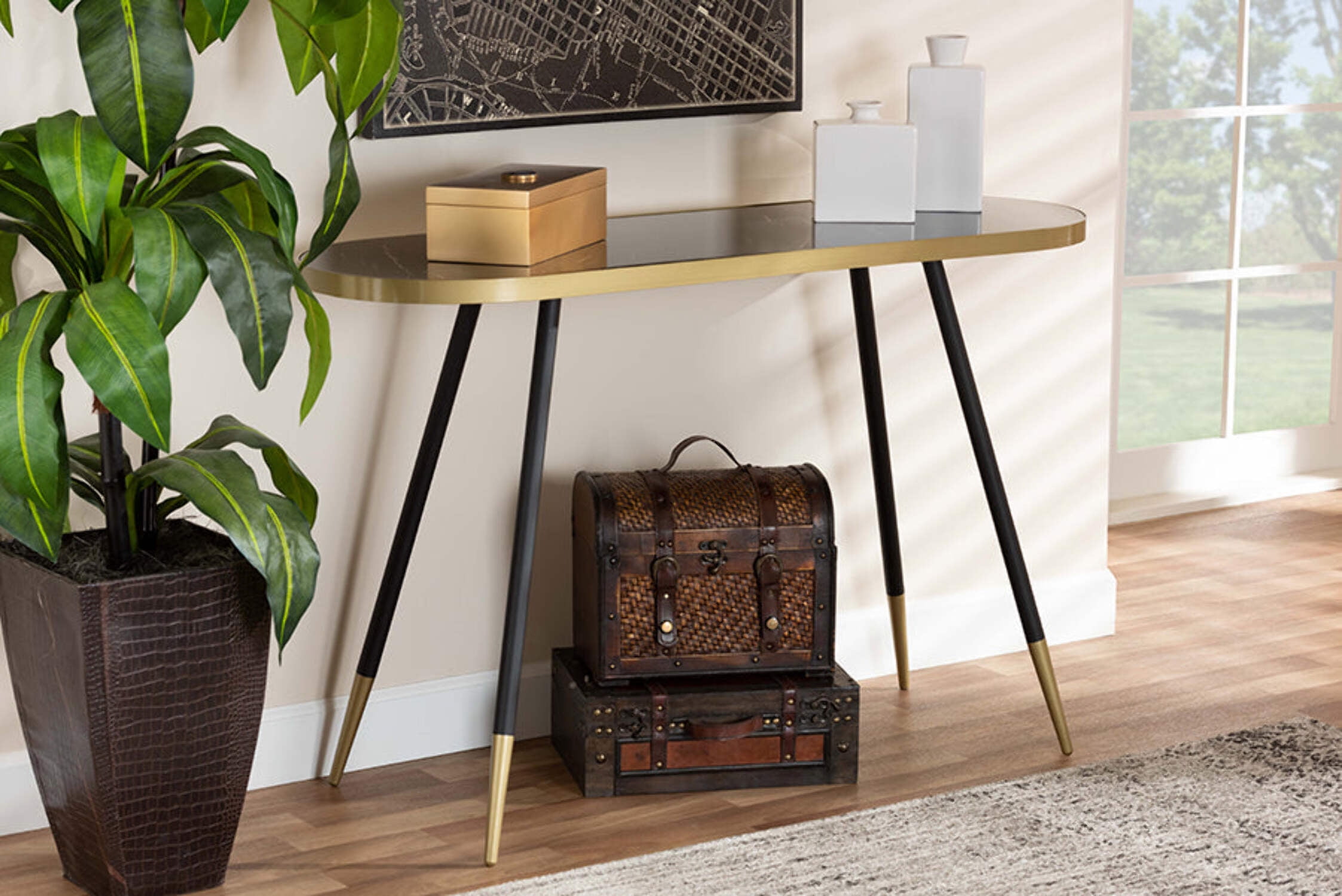 Baxton Studio Black Faux Marble and Two-Tone Gold and Black Metal ...