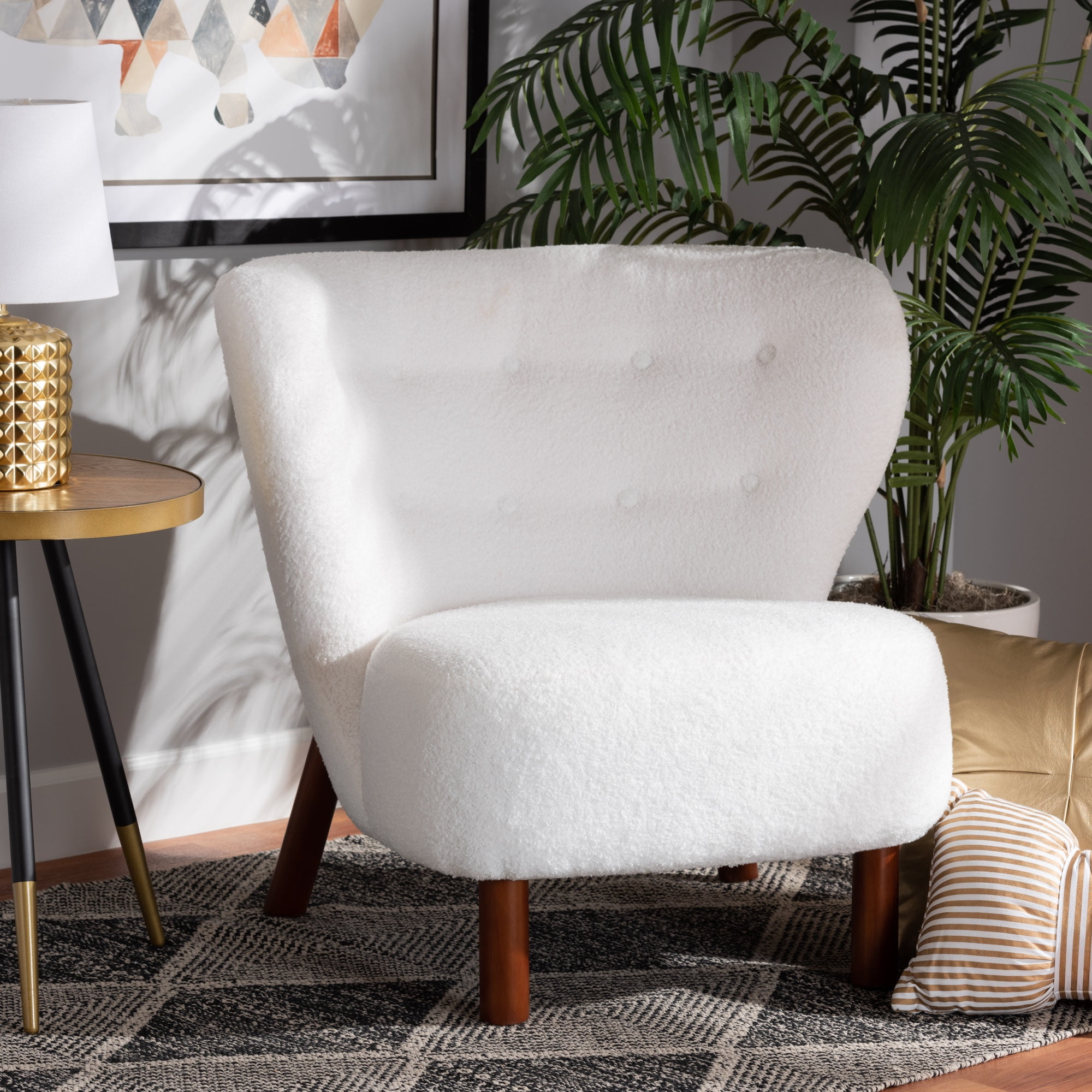 Baxton Studio Cabrera Modern and Contemporary White Boucle Upholstered and Walnu