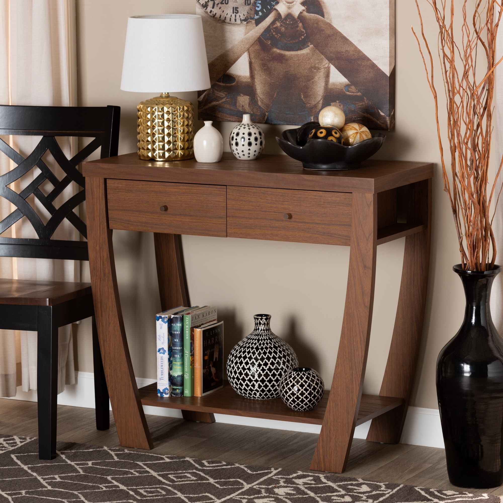 Baxton Studio Capote Modern Wood 2 Drawer Console Table, Walnut ...