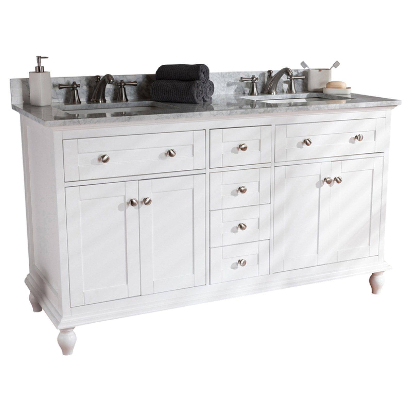 Caroline 60-Inch Transitional White Finished Wood and Marble Double ...