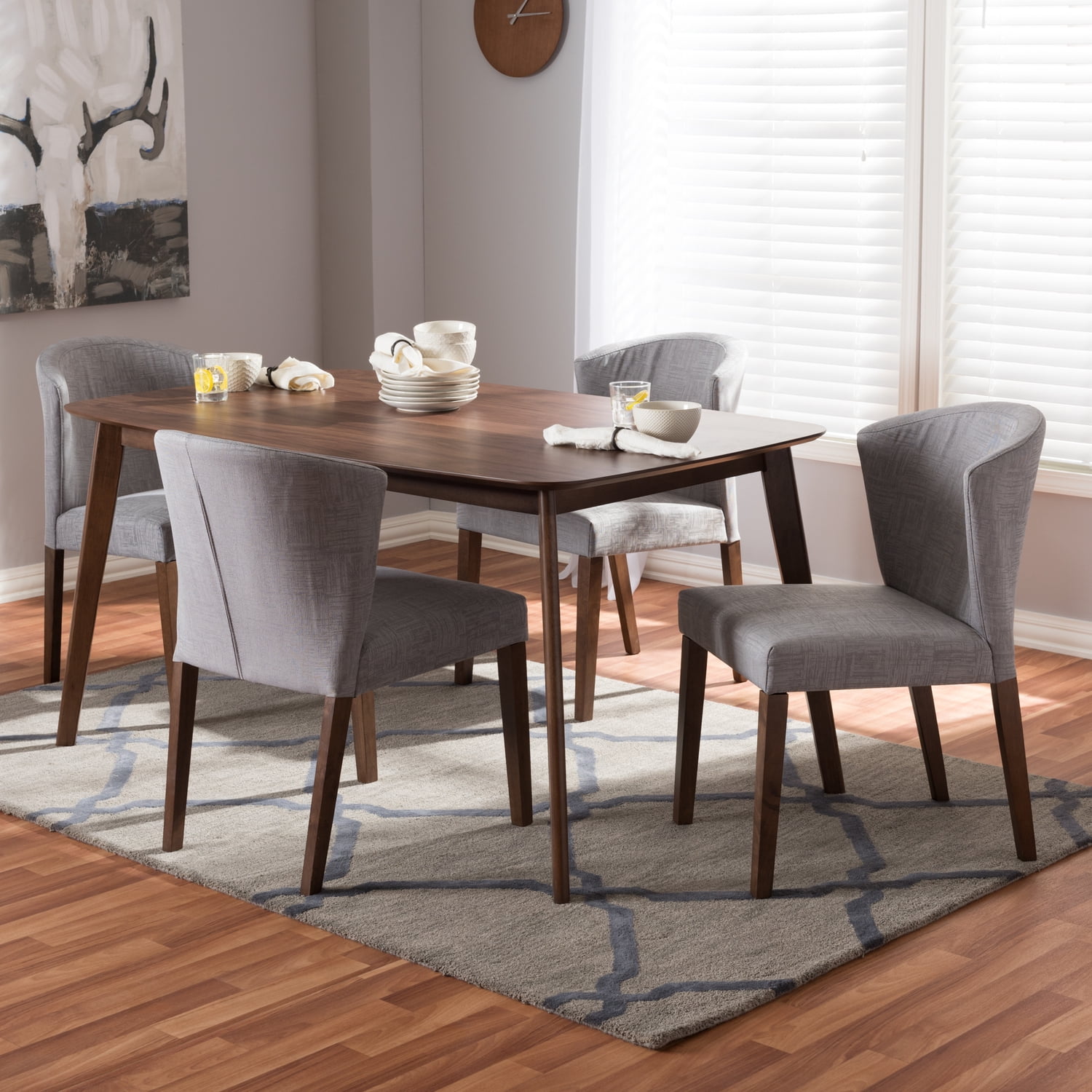 Baxton Studio Cassie Mid-Century Modern Walnut Wood Fabric 5-Piece ...