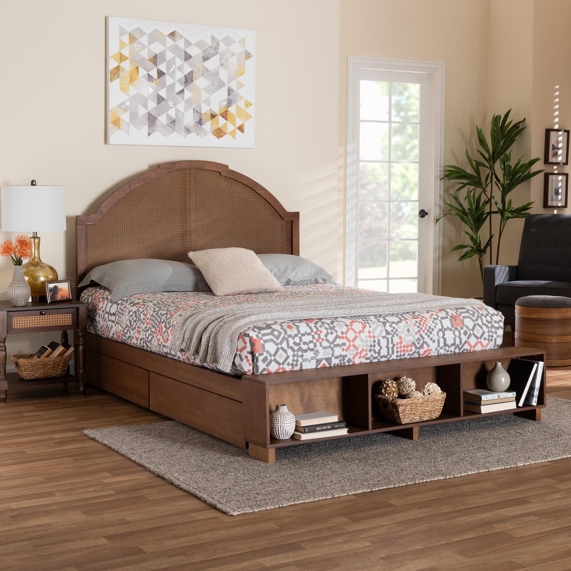 Baxton Studio Darcila Mid-Century King Storage Bed Walnut Brown Wood with Drawers and Shelves ...