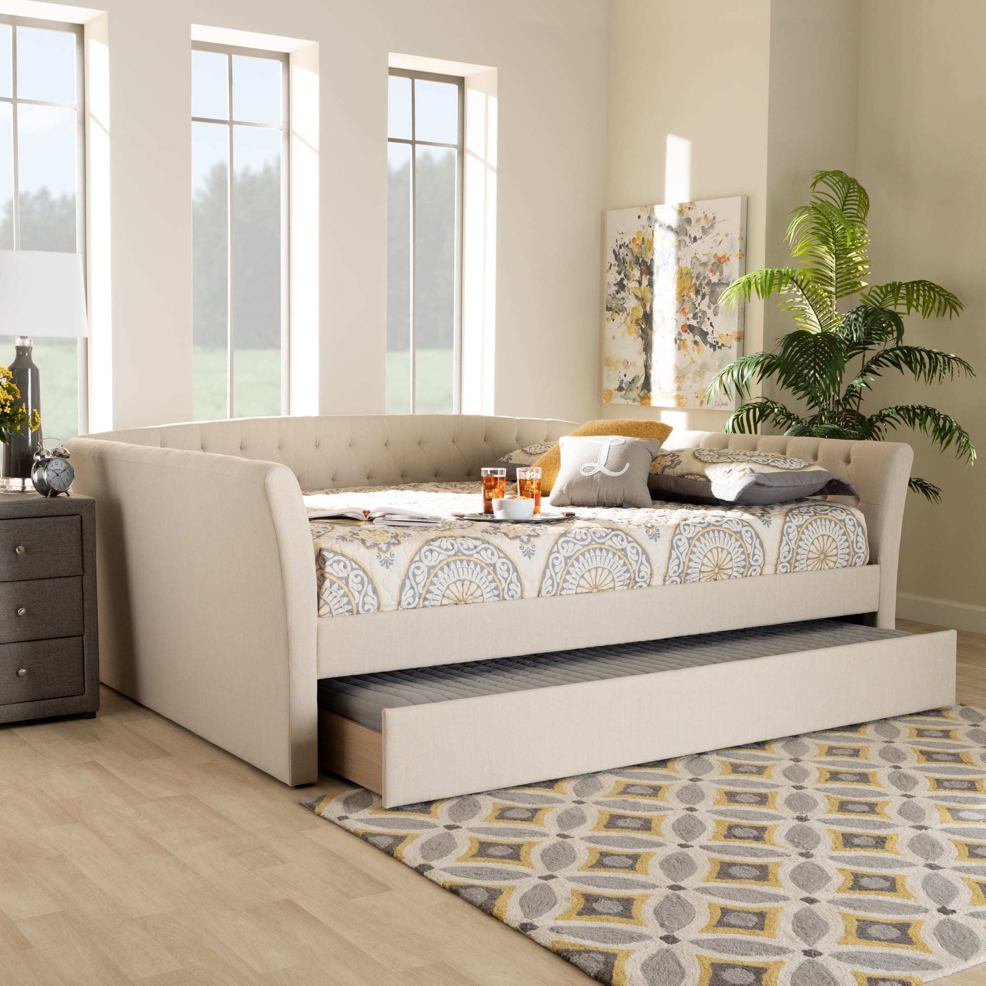 Baxton Studio Delora Beige Queen Daybed Roll-Out Trundle Bed - Walmart.com
