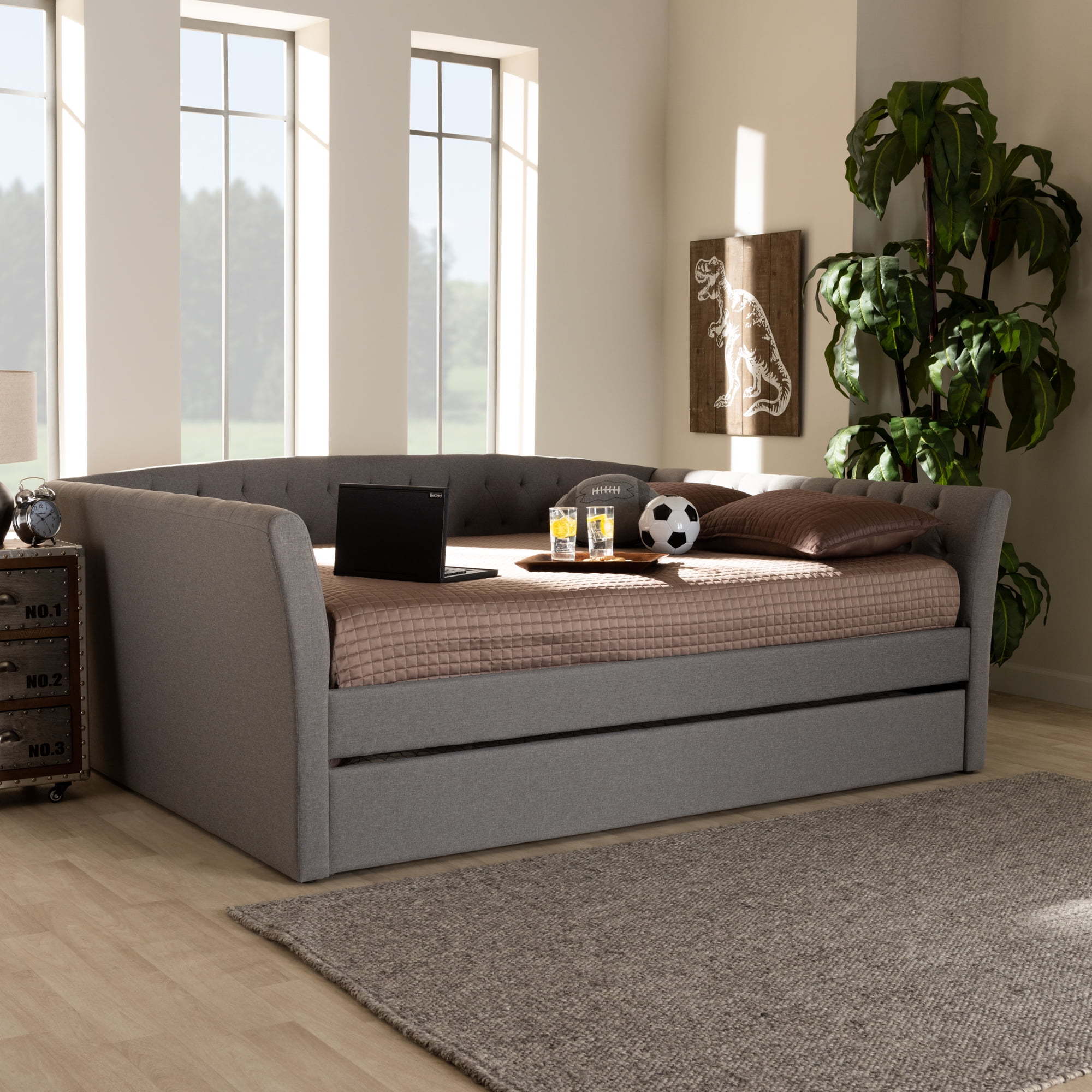 Baxton Studio Delora Light Gray Upholstered Queen Size Daybed with Roll ...