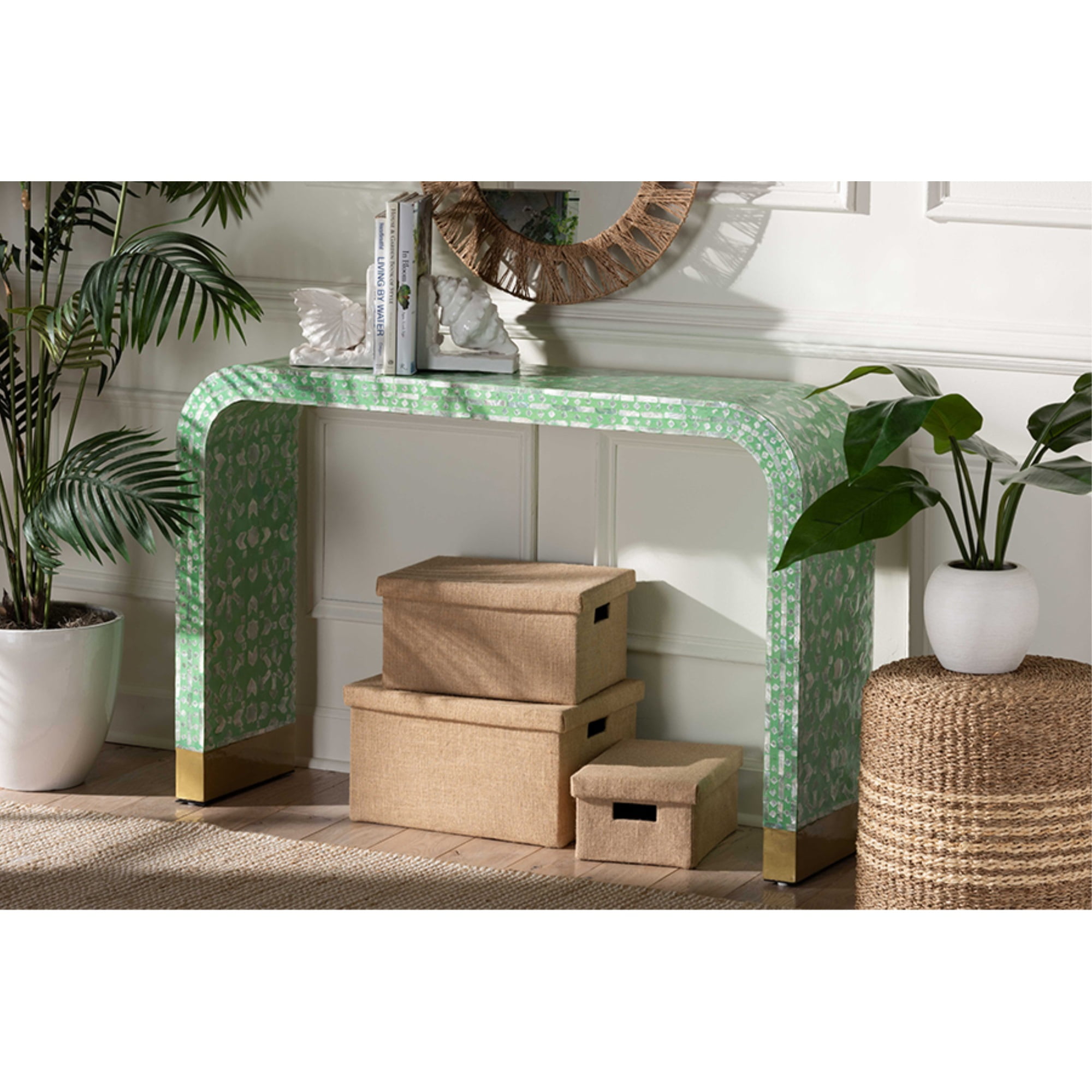 Baxton Studio Didrika Wood & Mother of Pearl Console Table in Seafoam ...