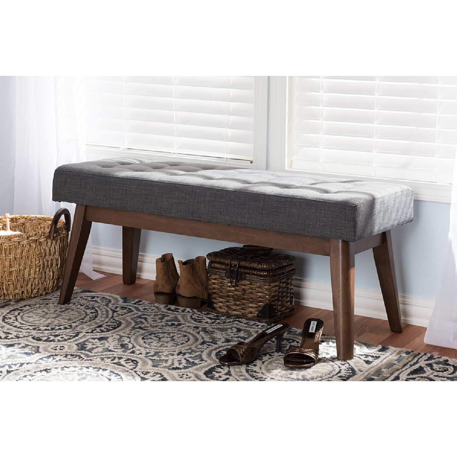 Baxton Studio Elia Mid-Century Modern Walnut Wood Dark Grey Fabric ...