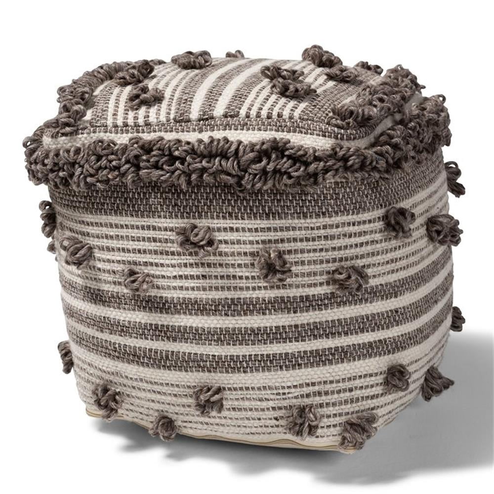 Baxton Studio Eligah Ivory and Brown Handwoven Wool Pouf Ottoman ...