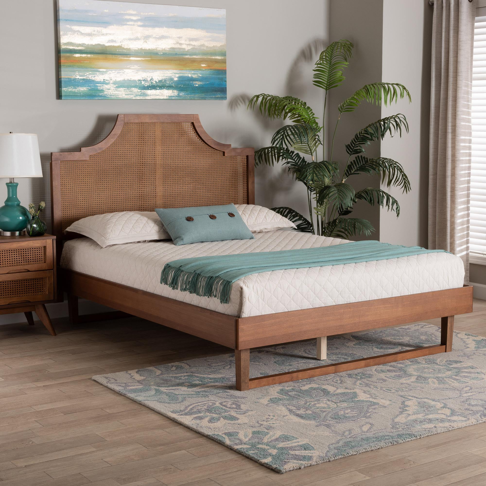 Free Shipping! Baxton Studio Francine Mid-Century Queen Platform Bed Walnut Brown Wood Rattan ...