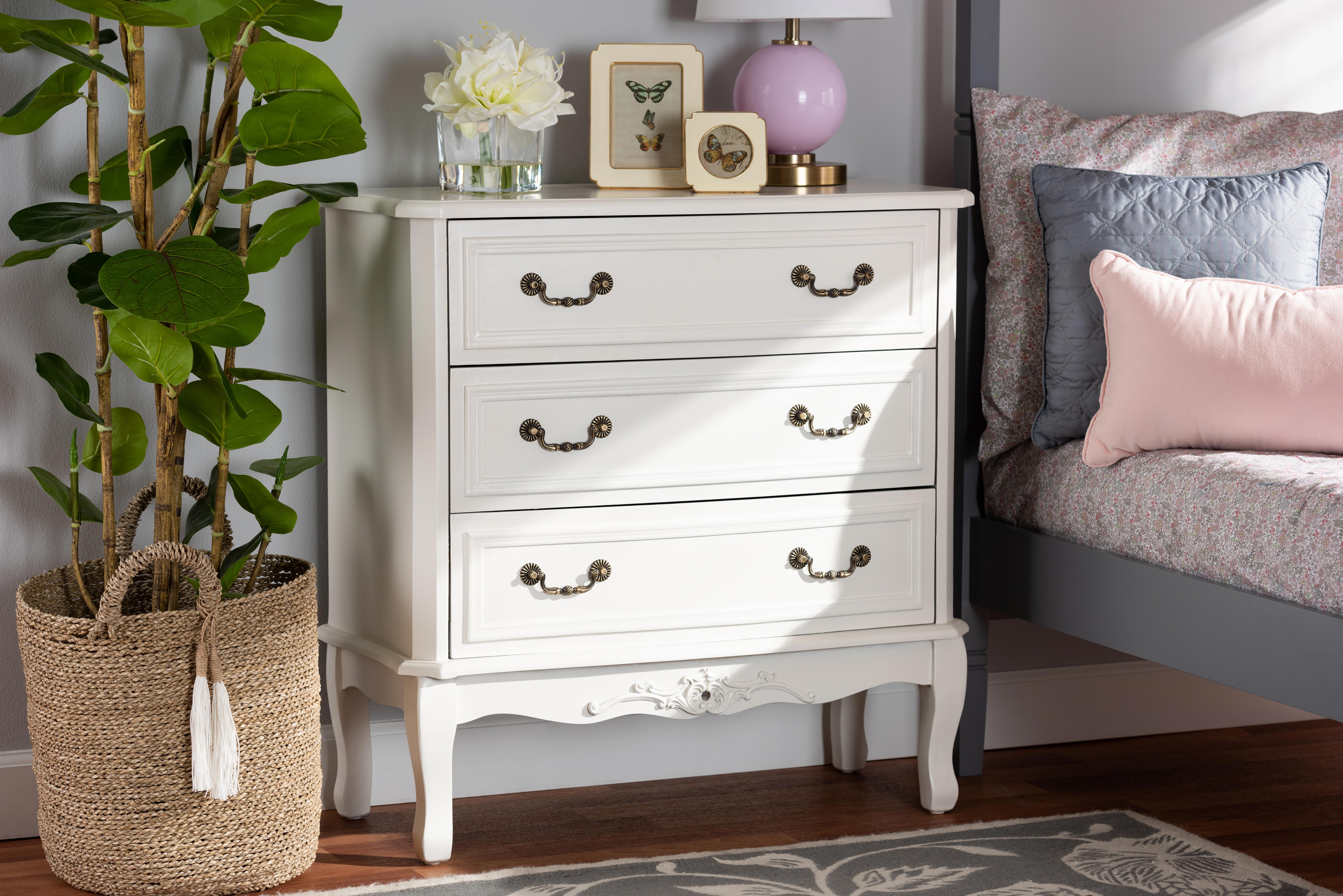 Baxton Studio Gabrielle Traditional French Country Provincial White Finished 3 Drawer Wood Dresser White Brass