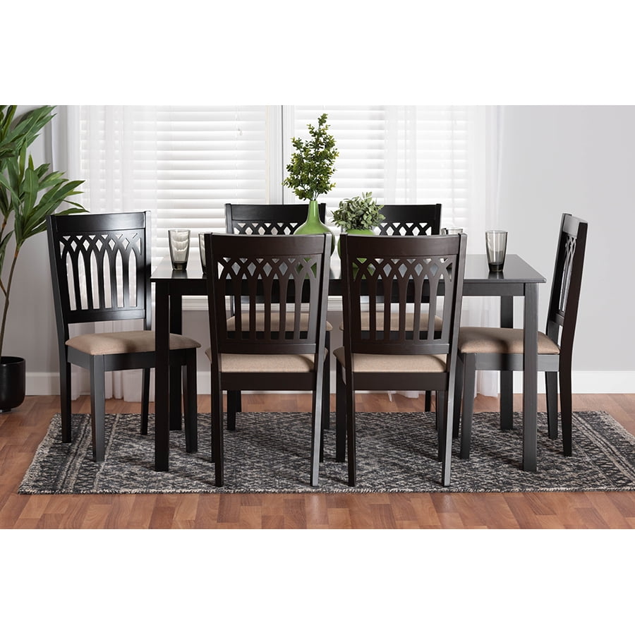 Baxton Studio Genesis Beige Fabric and Dark Brown Wood 7-Piece Dining ...