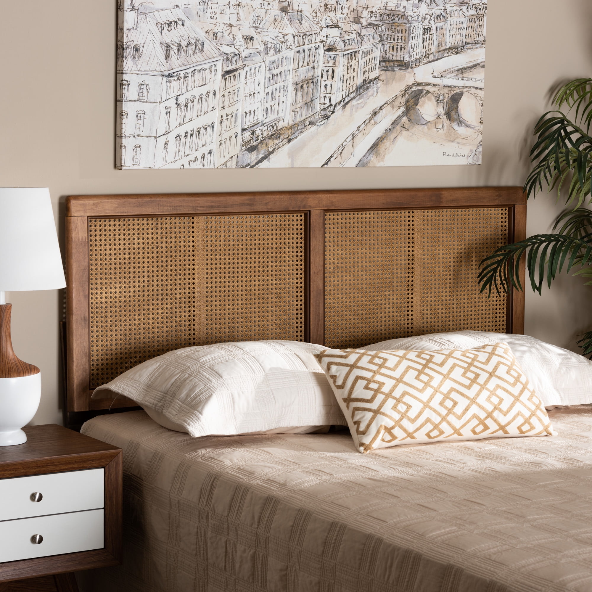 Baxton Studio Gilbert Mid-Century Wood Back Support Rattan Headboard ...