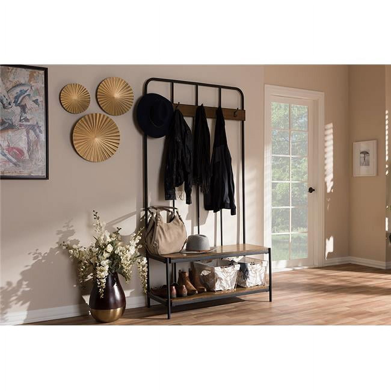 Baxton Studio Hull Antique Black Metal and Wood Entryway Hall Tree ...