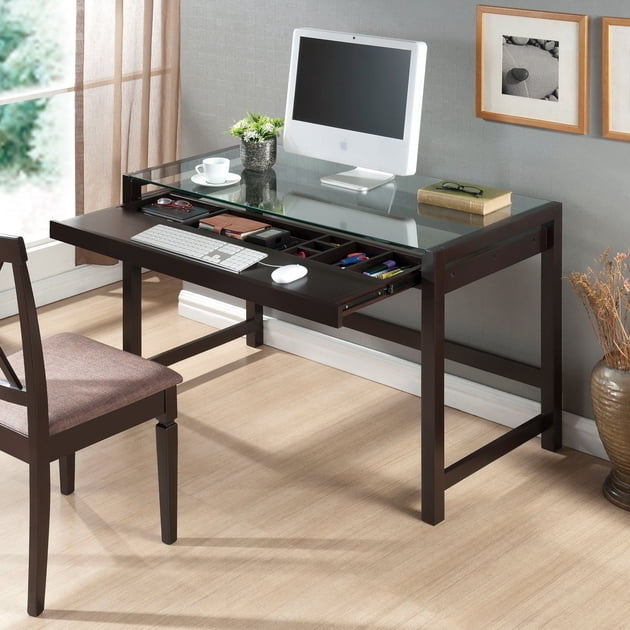 Baxton Studio Idabel Dark Brown Wood Modern Desk with Glass Top ...