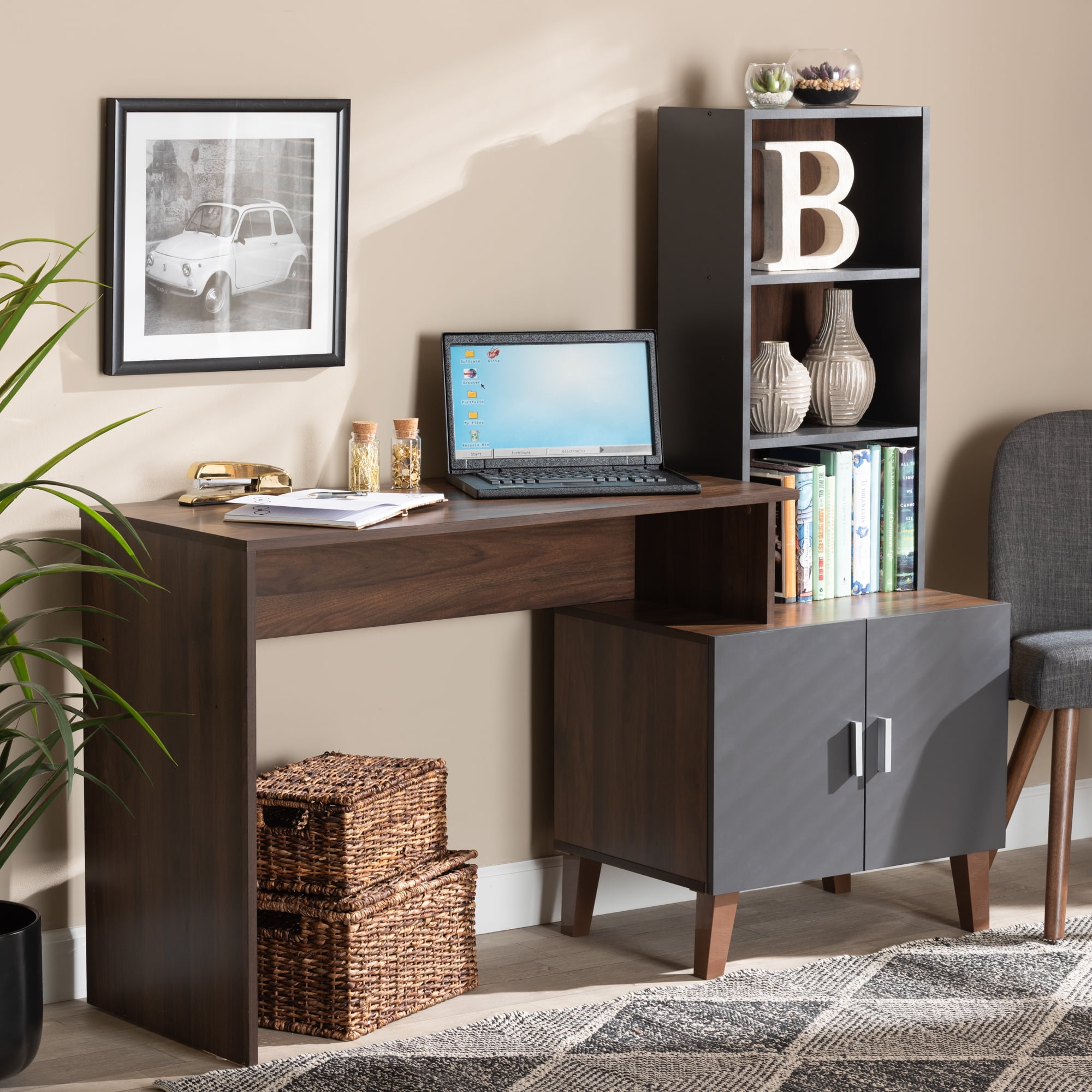 Baxton Studio Jaeger Modern and Contemporary Two Tone Walnut Brown and Dark Grey Finished Wood Storage Desk with Shelves Gray