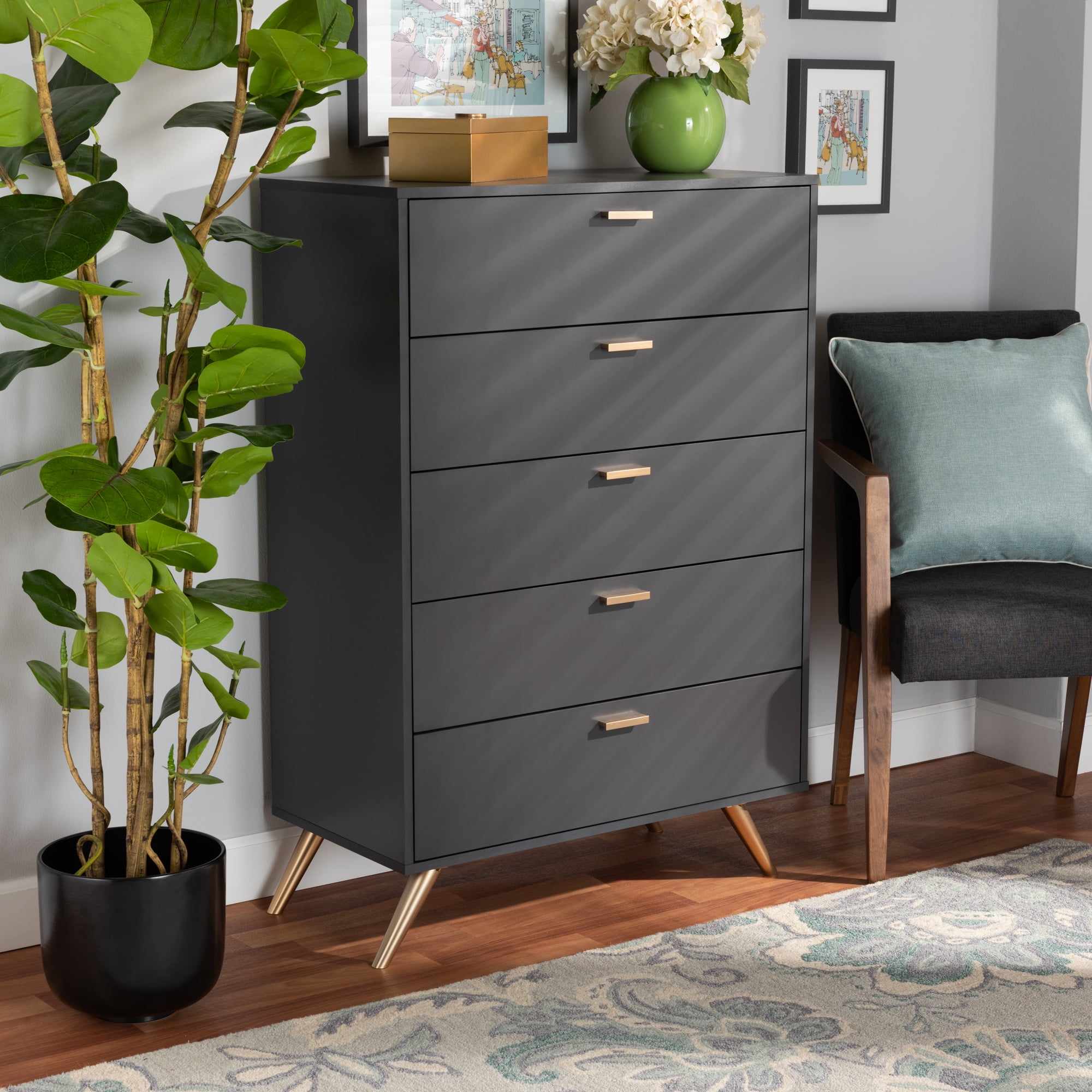 Free Shipping! Baxton Studio Kelson Modern Dark Grey and Gold 5-Drawer ...
