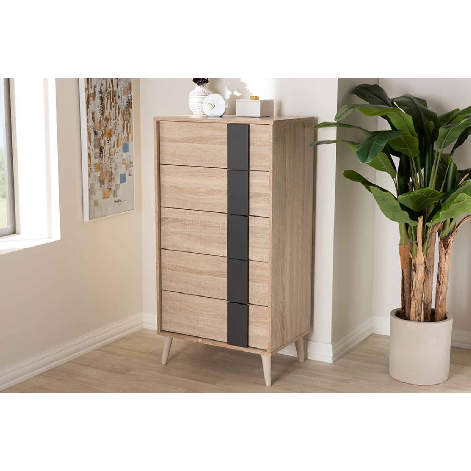 Baxton Studio Lisen Mid-Century Modern Light Oak and Grey 5-Drawer ...