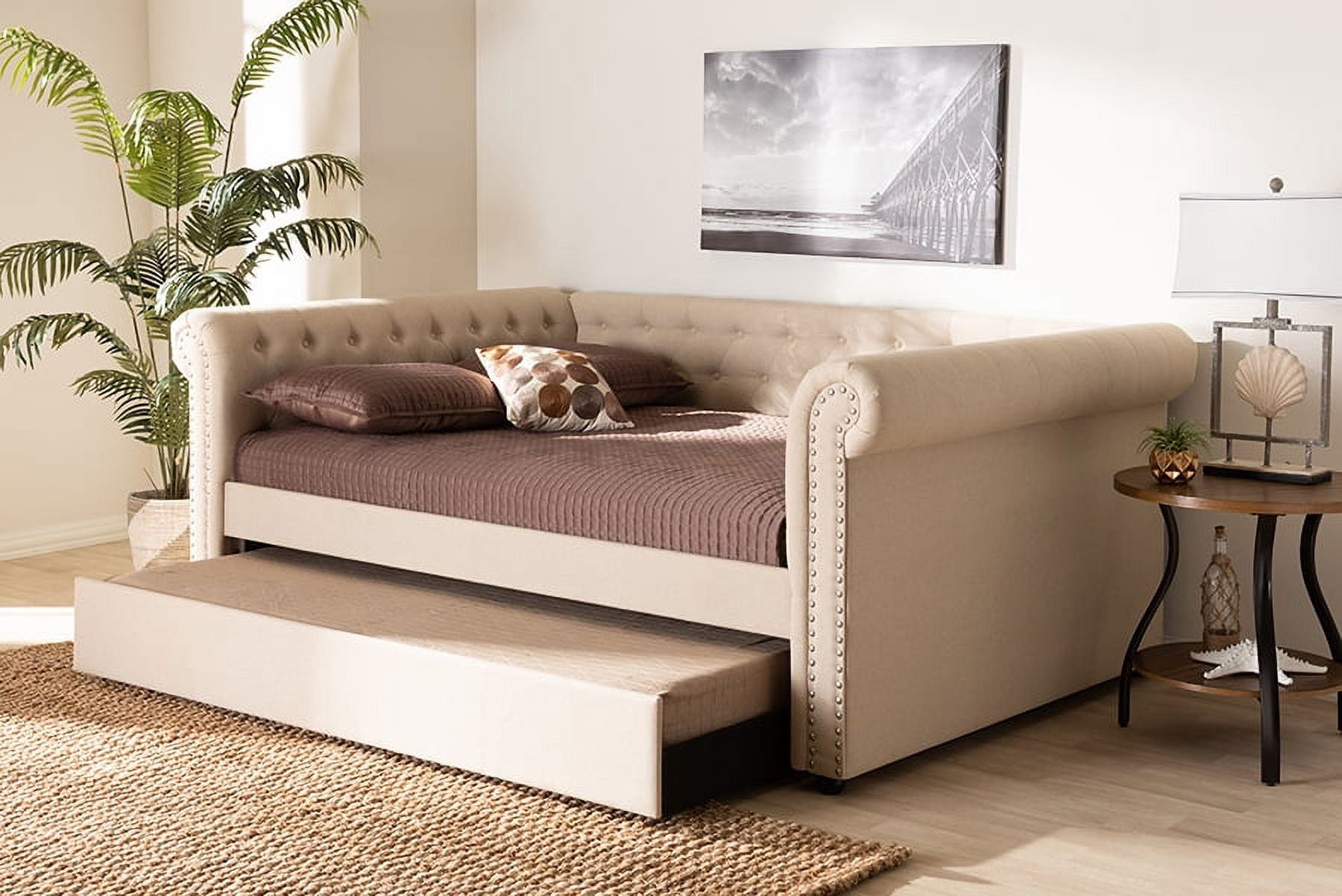 Baxton Studio Mabelle Full Size Daybed with Trundle, Beige Upholstery ...