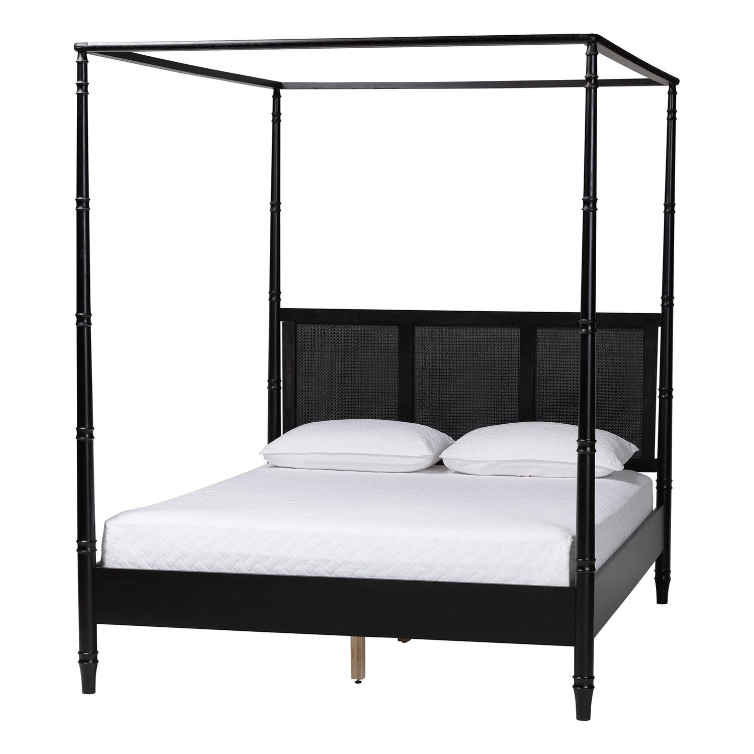 Baxton Studio Marisela Bed with Rattan Headboard Black Wood Frame Queen ...