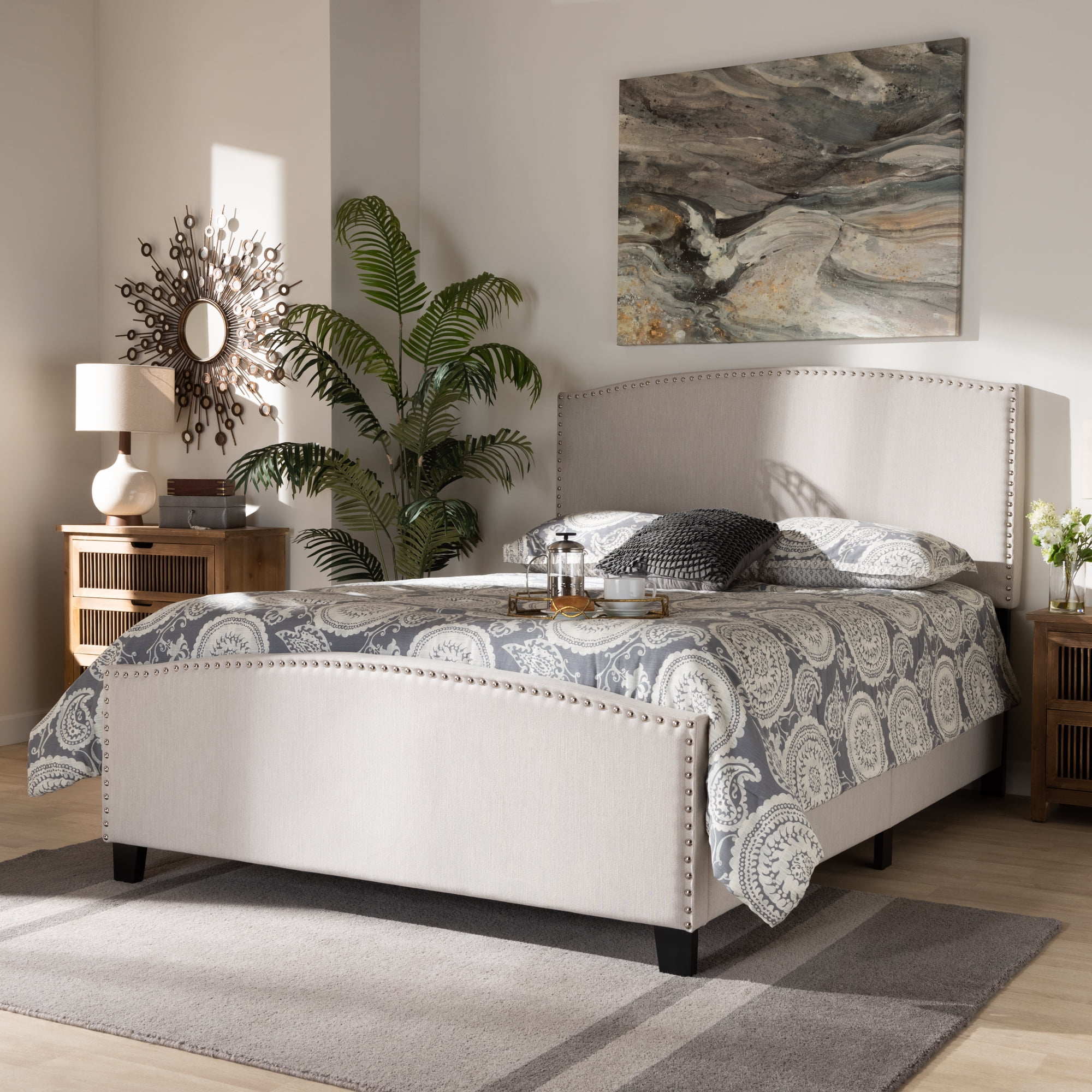 Baxton Studio Morgan Modern King Size Panel Bed with Silver Nailhead ...