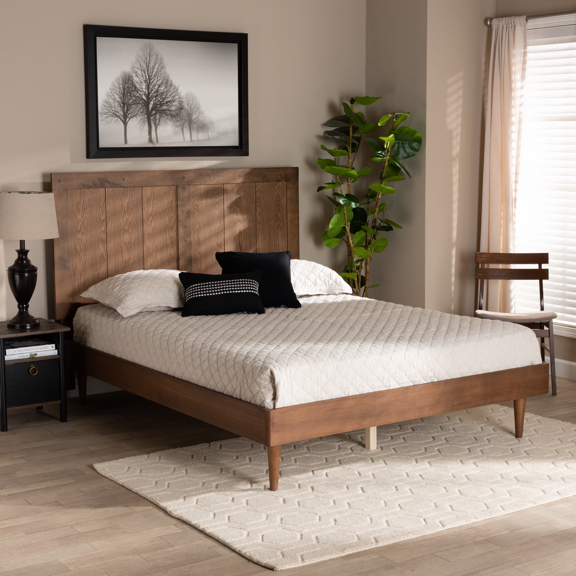 Baxton Studio Nicola Mid-Century Wood Back Support Platform Bed, King ...