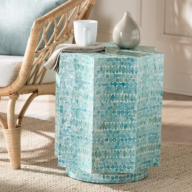 Baxton Studio Olesia Mosaic Bohemian End Table, Mother of Pearl, Blue ...