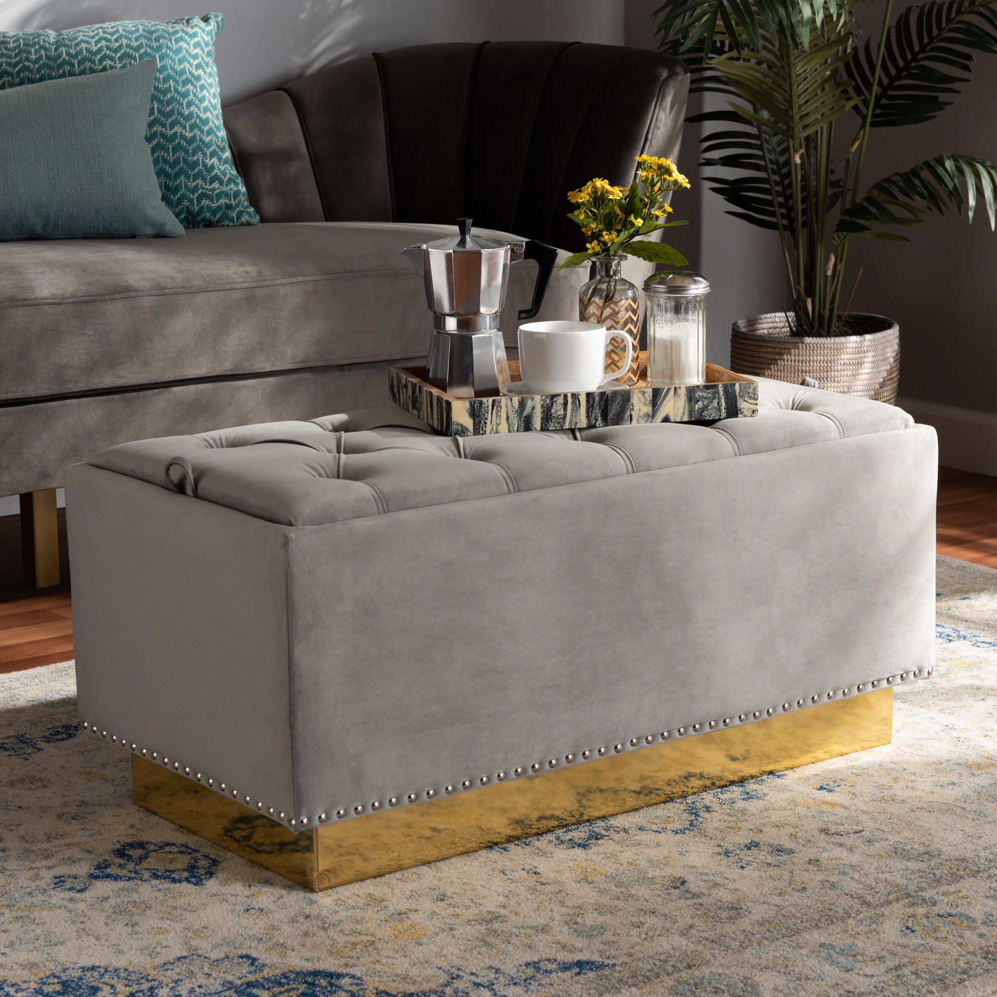 Baxton Studio Powell Glam and Luxe Grey Velvet Fabric Upholstered and ...