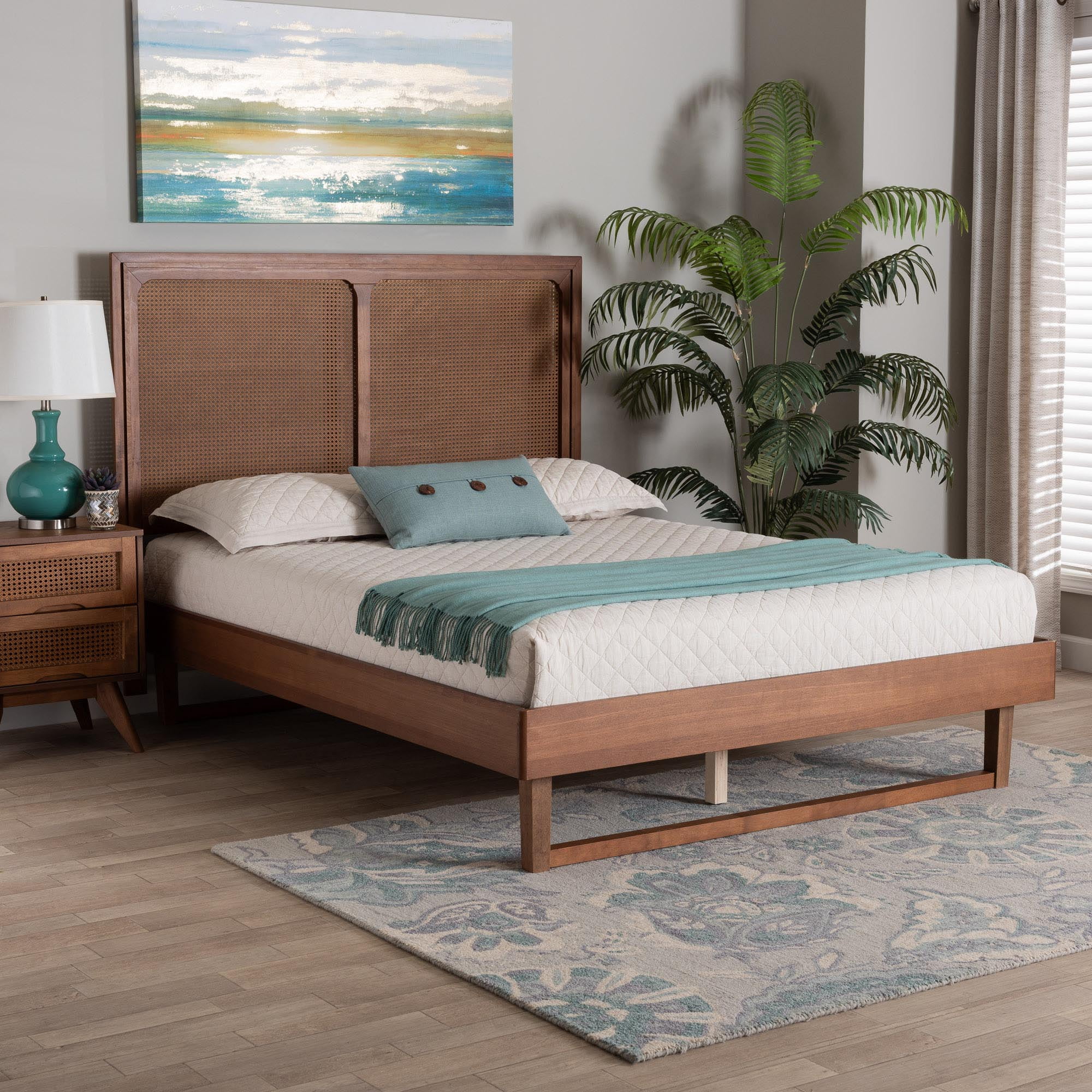 Baxton Studio Rondell Mid-Century Queen Platform Bed Walnut Brown Wood Frame Rattan Headboard ...