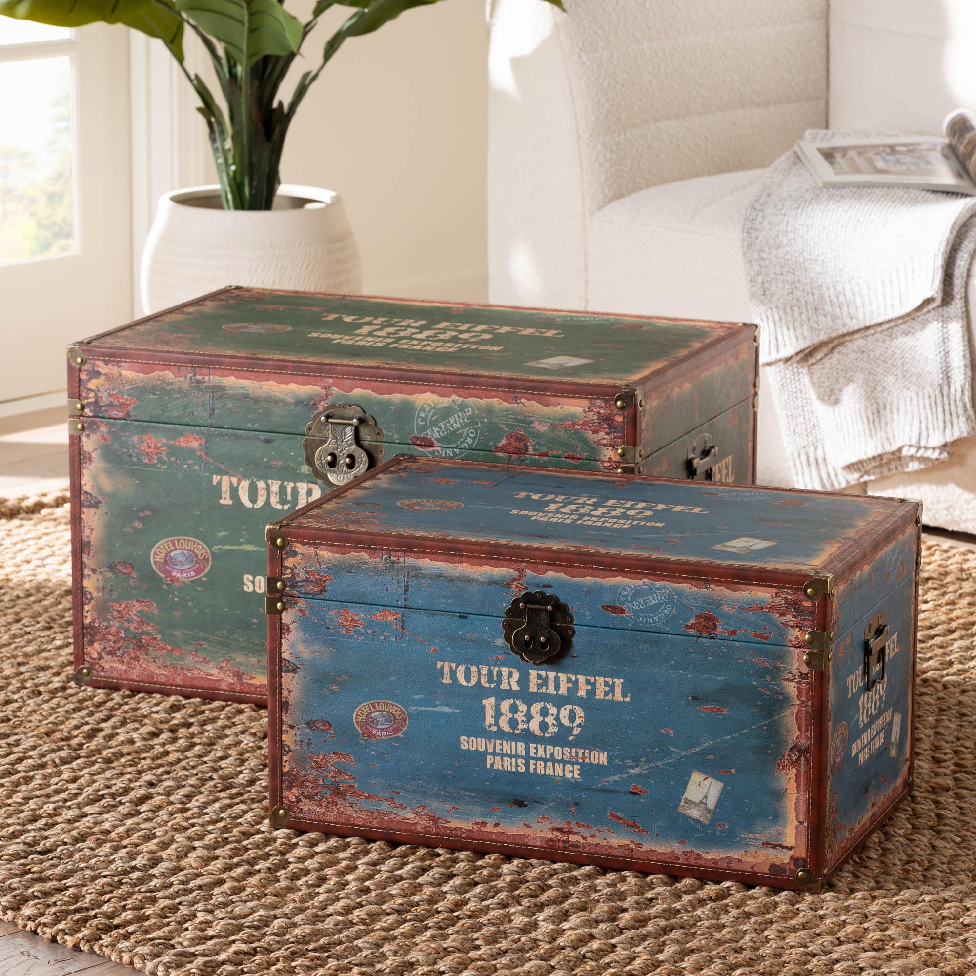 Baxton Studio Sabeen Vintage Storage Trunk Set 2-Piece Green Blue Faux ...