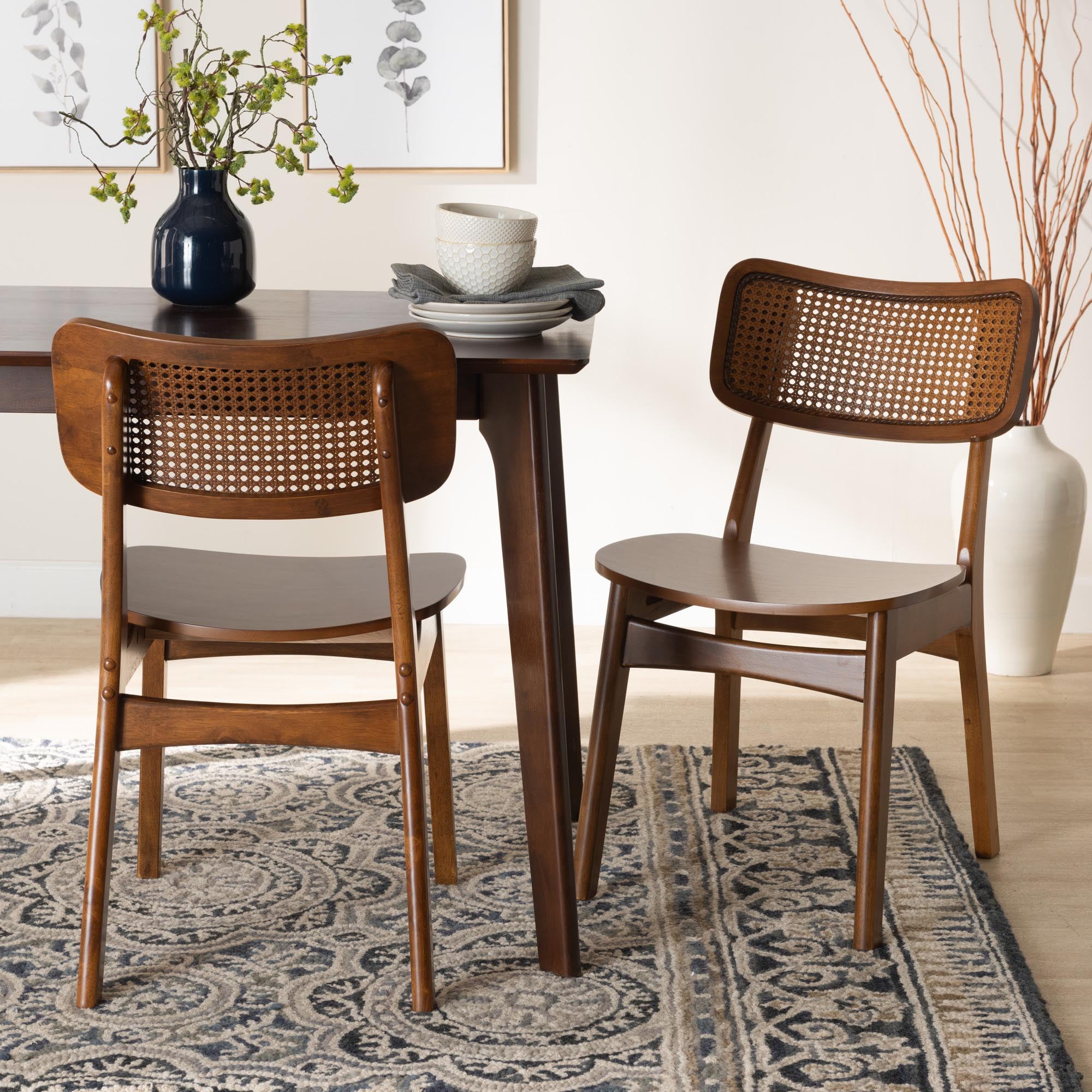 Modern Walnut Dining Chairs ALLFONIS Set Of 2 Black Rattan Dining