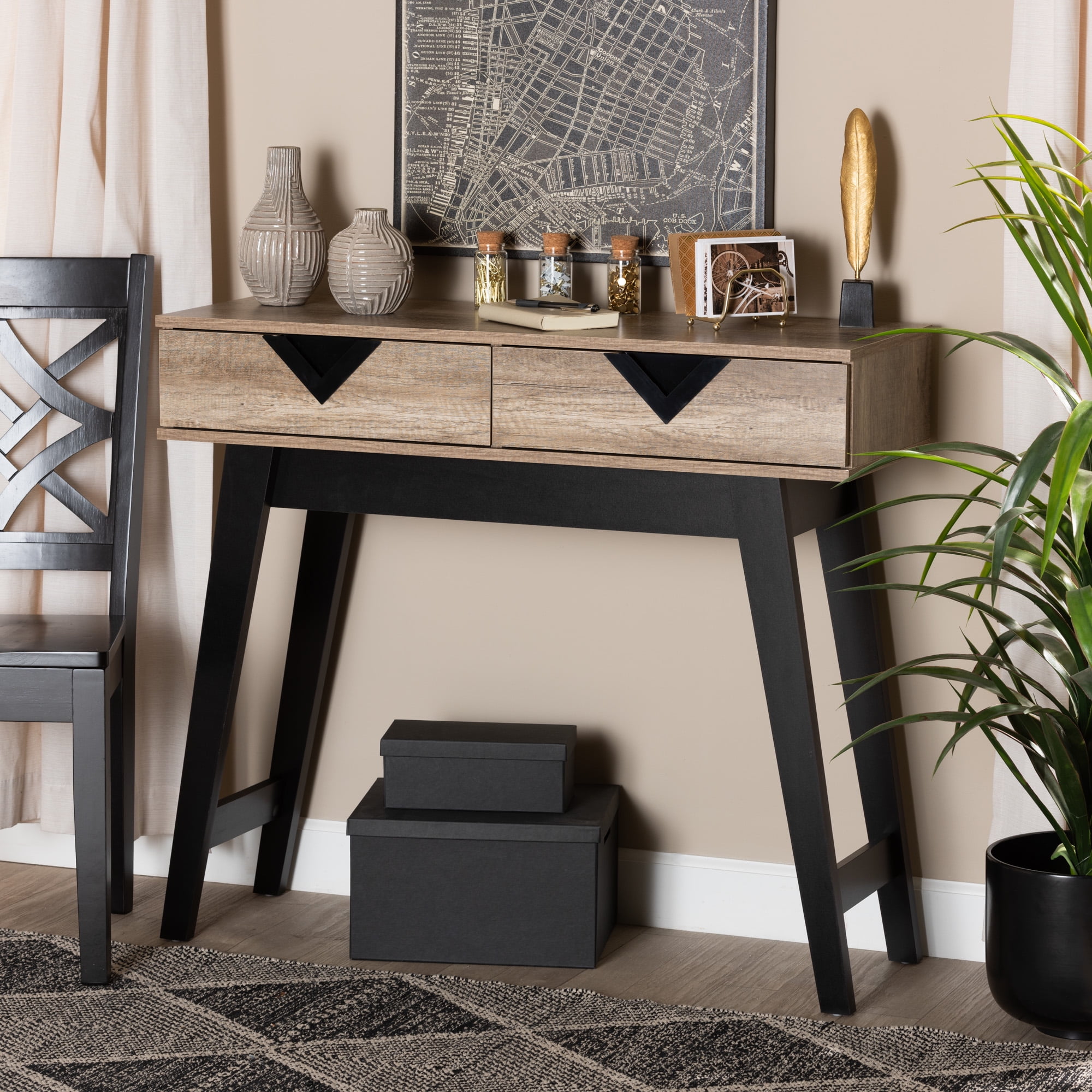 Baxton Studio Wales Modern Wood 2 Drawer Console Table, Black/Light ...