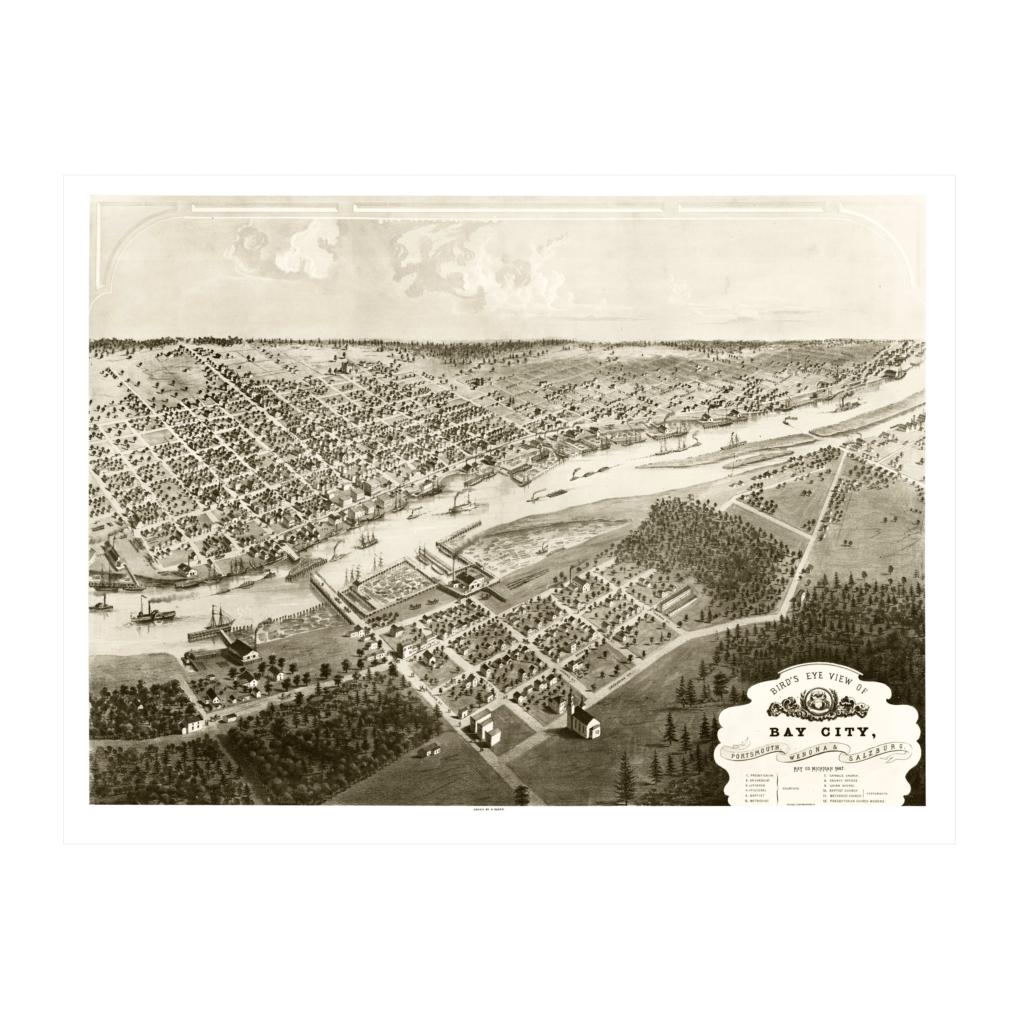 Bay City Art, 1867 Vintage Map of Bay City Michigan, MI History Wall ...