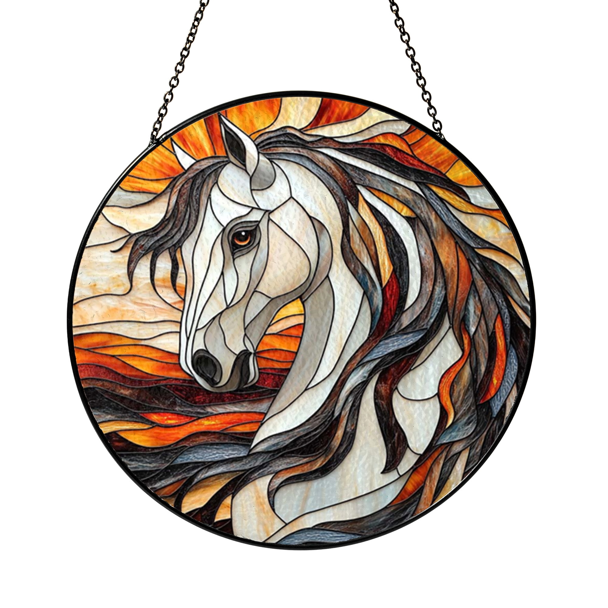 Bay Horse Farm Scene Stained Glass Style Suncatcher Window Decor, Round ...