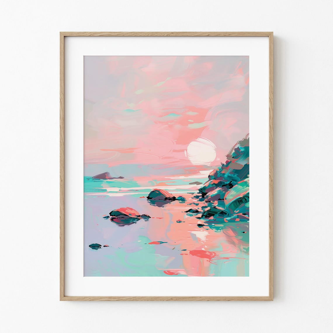 Bay Sunset Ocean Sea Pretty Pink Green Pastel Colorful Impressionist ...