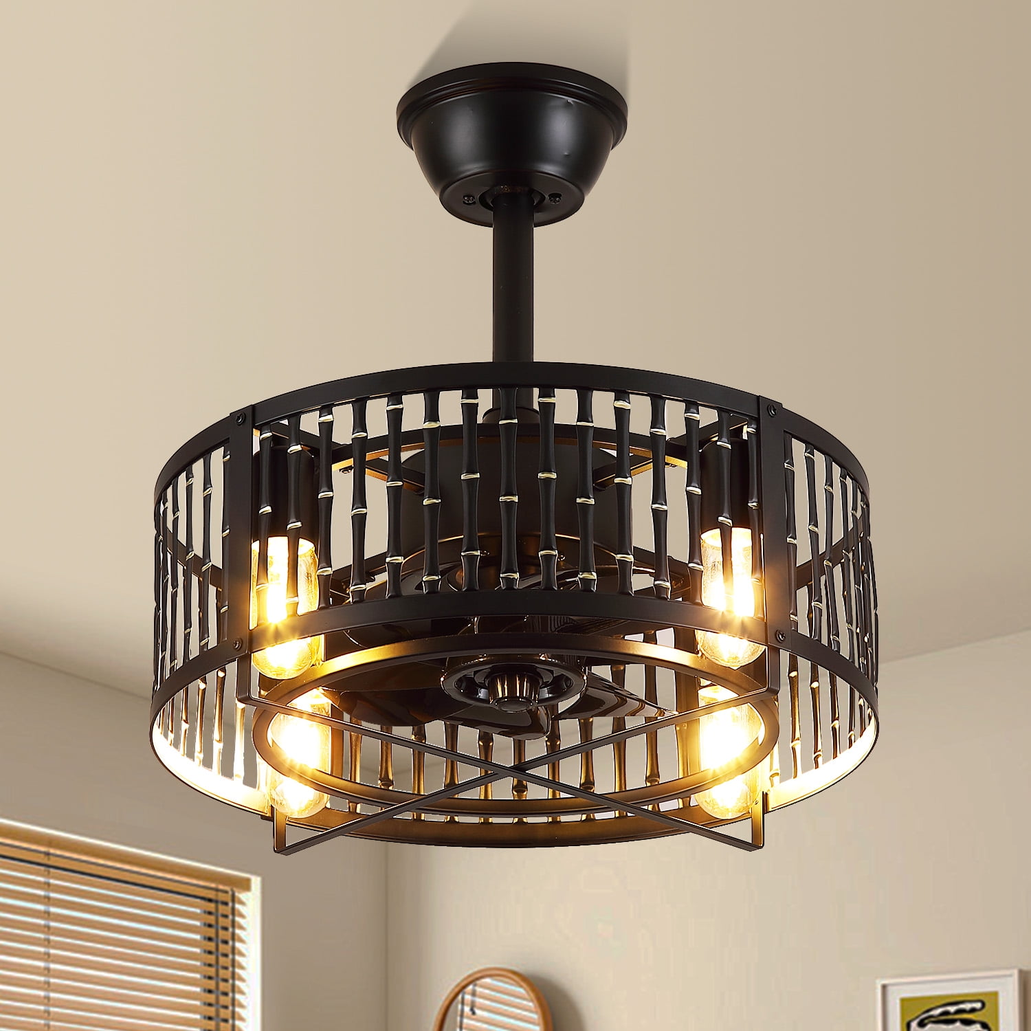 BayDay Caged Ceiling Fan with Lights and Remote, Industrial Bladeless ...