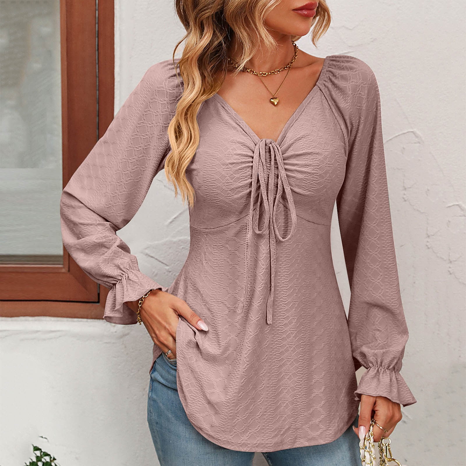 Baycosin Women Fall 2024 Fashion Casual Top V Neck Drawstring Tunic ...