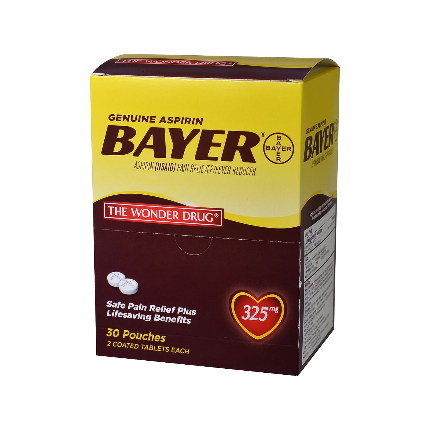 Bayer Genuine Aspirin 325mg, Adult Pain Reliever, 2 Tablets/Pouch, 30 ...