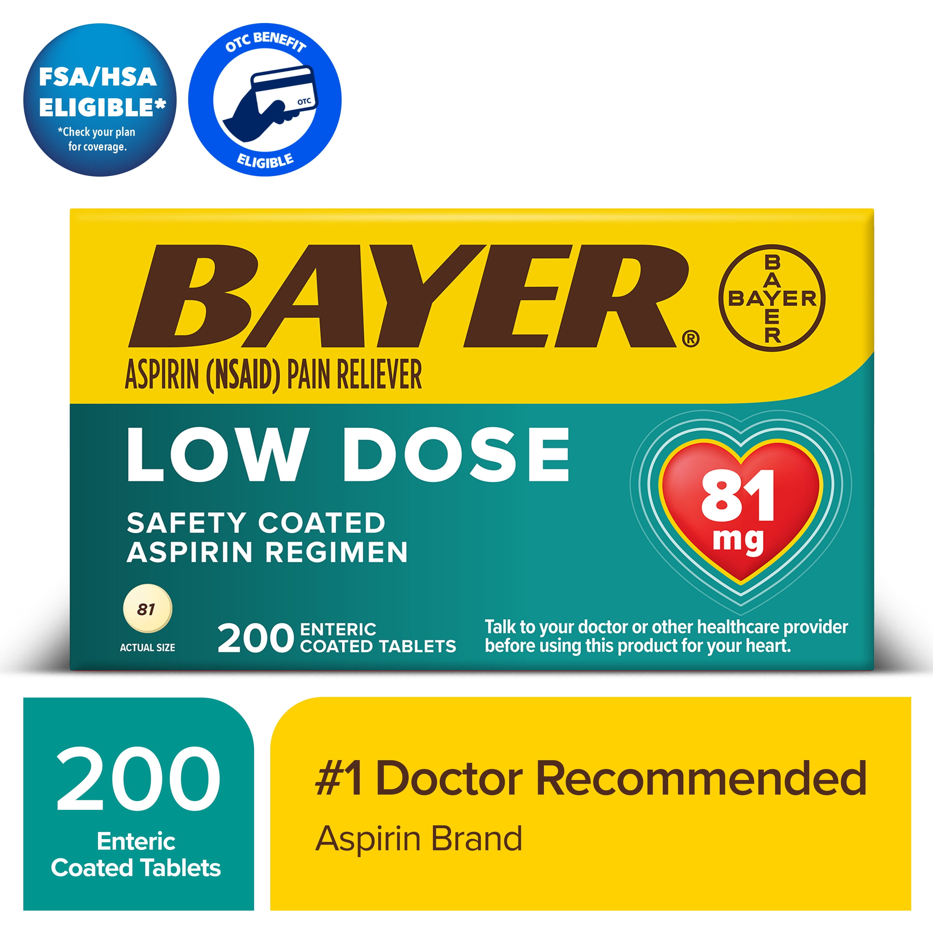 Bayer Aspirin Low Dose, 81 mg, for Cardiovascular Disease Enteric ...