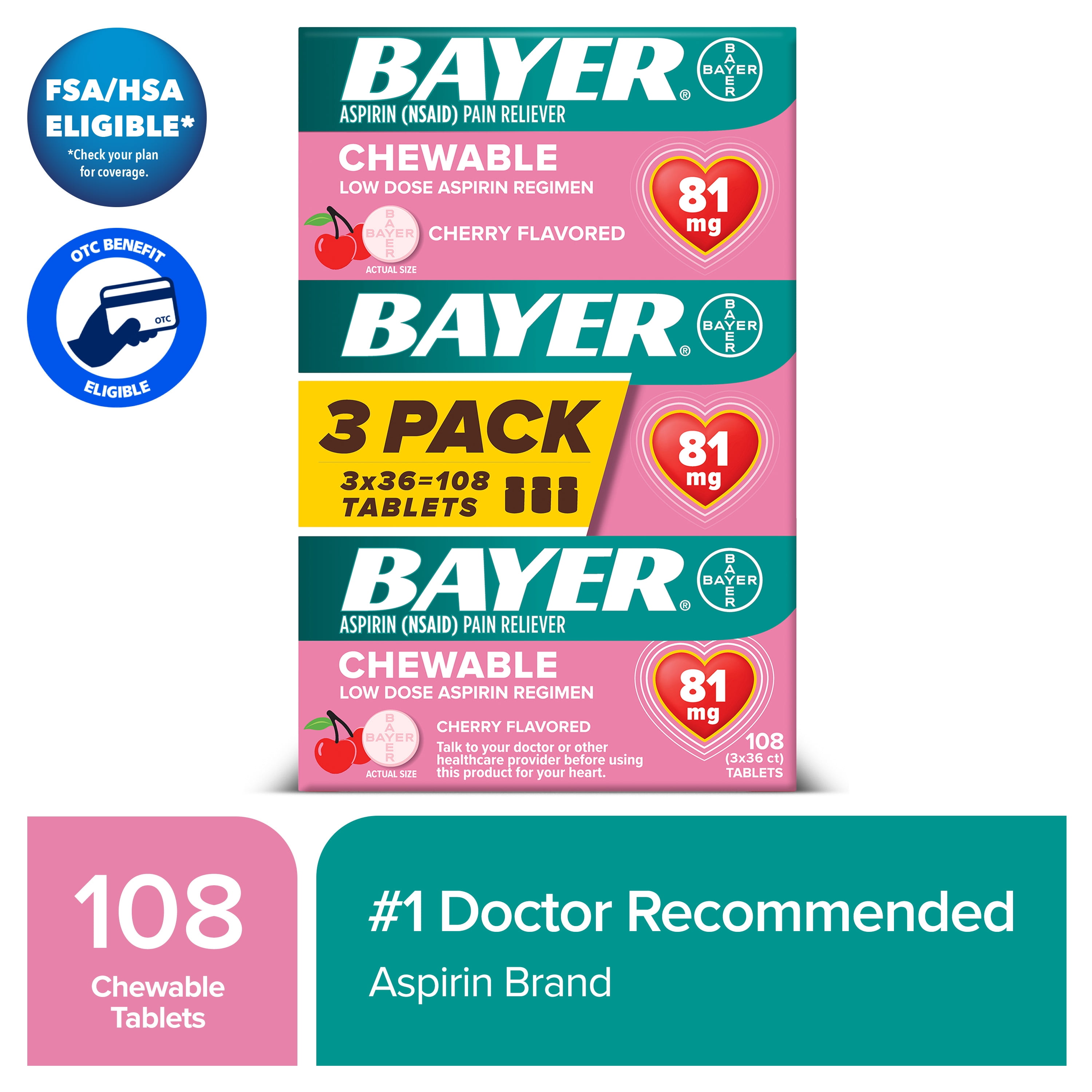Bayer Chewable Aspirin Regimen Low Dose Pain Reliever Tablets, 81mg ...