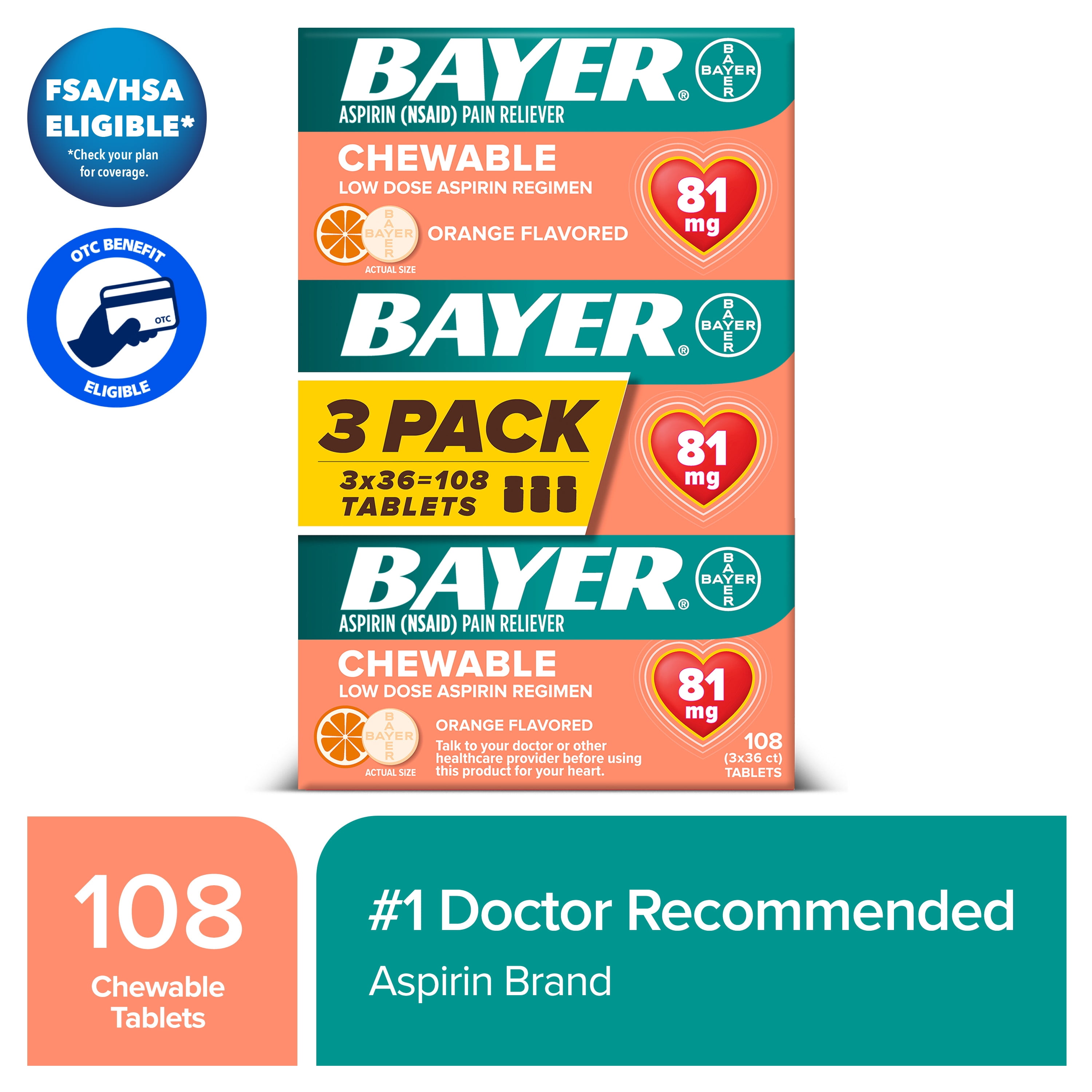 Bayer Chewable Aspirin Regimen Low Dose Pain Reliever Tablets, 81mg ...