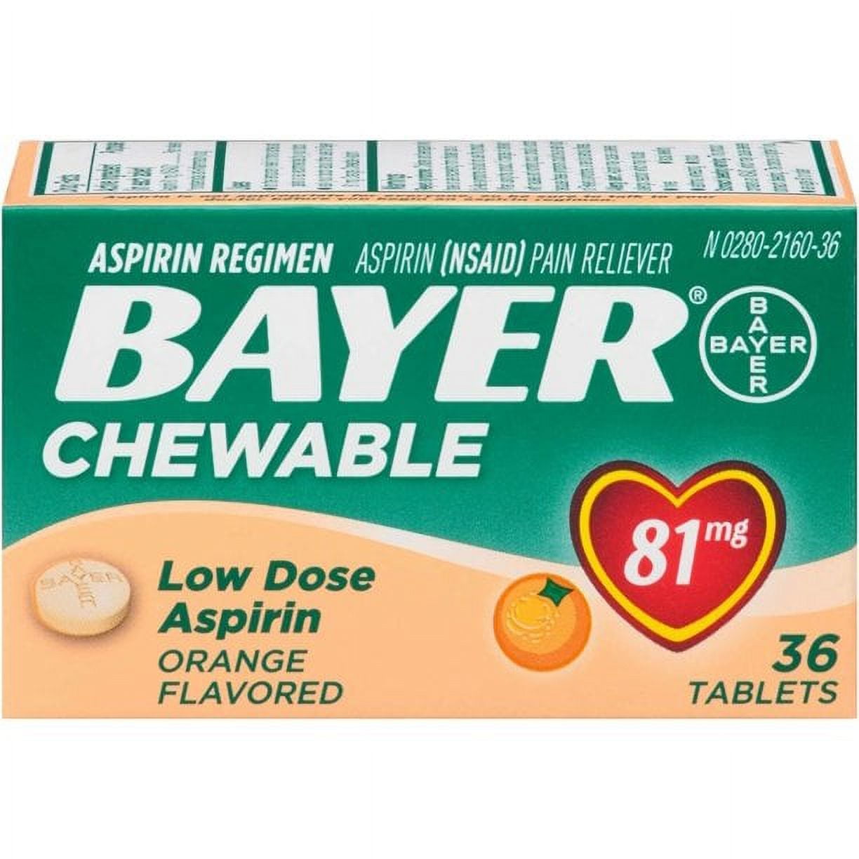 Bayer Low Dose Chewable Aspirin, Orange Flavor, 36ct, 6-Pack Pain ...