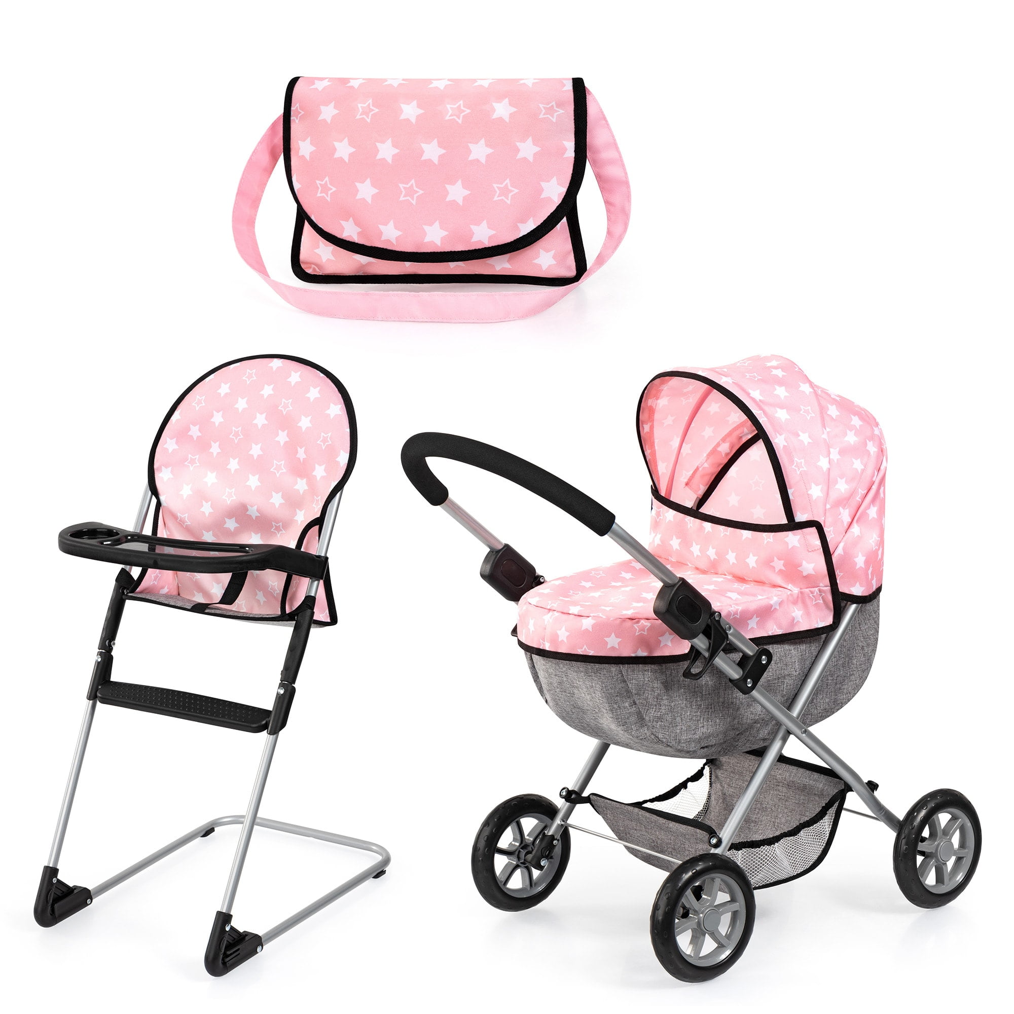 Bayer Design Dolls: Cozy 3 Piece Set - Pink, Grey, Stars - Folding Pram ...
