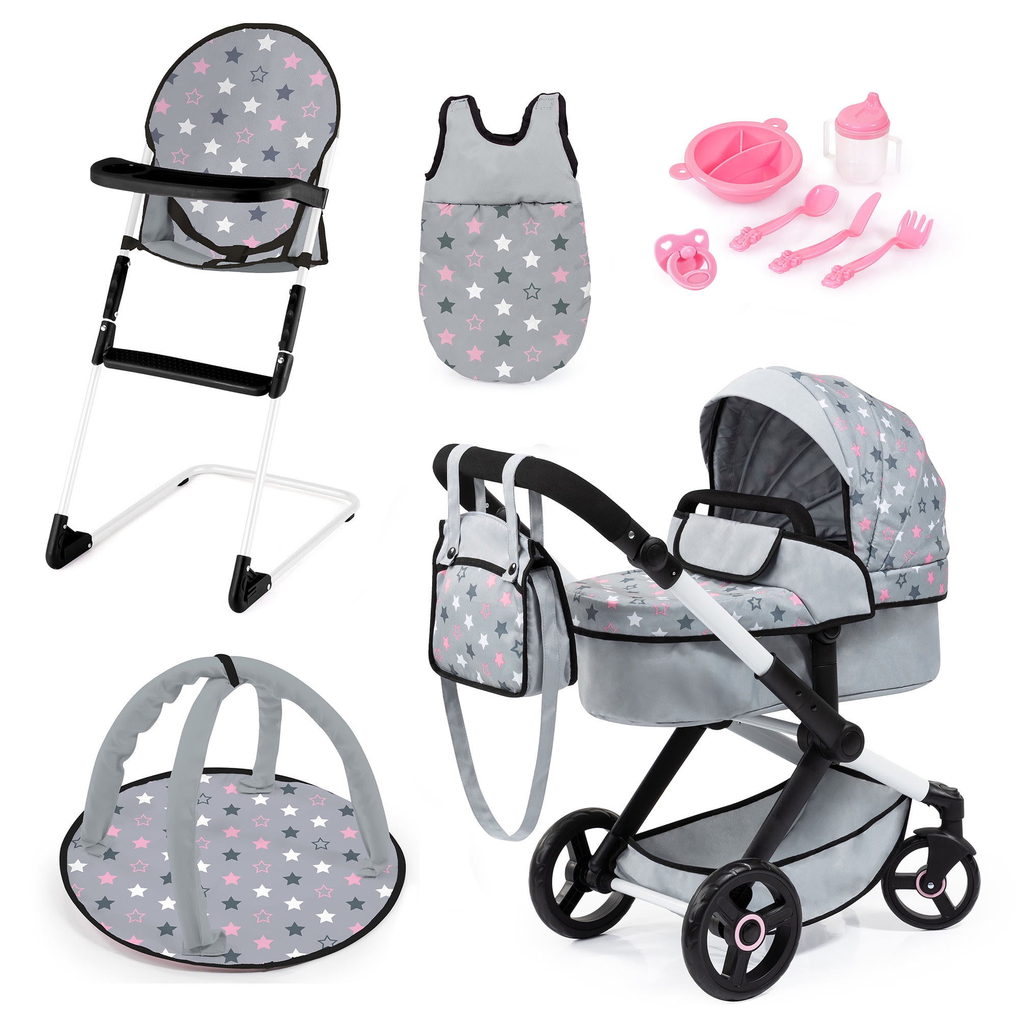 Bayer Design Dolls: Xeo 11 Piece Set - Grey, Pink, Stars - Pram, High ...