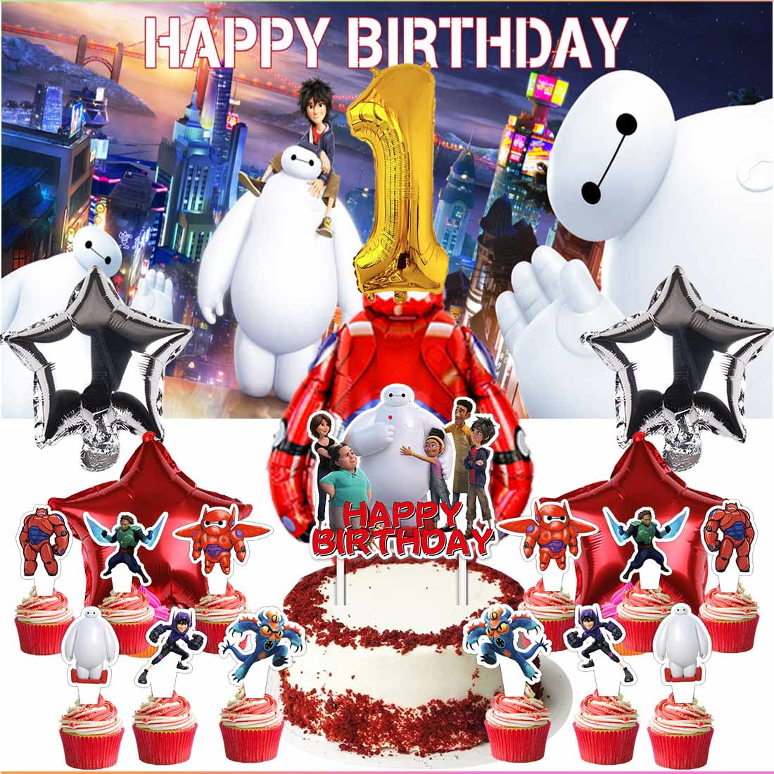 Baymax Big Hero Party Supplies Decor 1st Kit Balloons Birthday Cake Topper Banner Backdrop ...