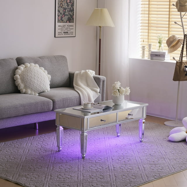 BaytoCare Mirrored 2-Drawer Coffee Table, Mirror LED Cocktail Table ...