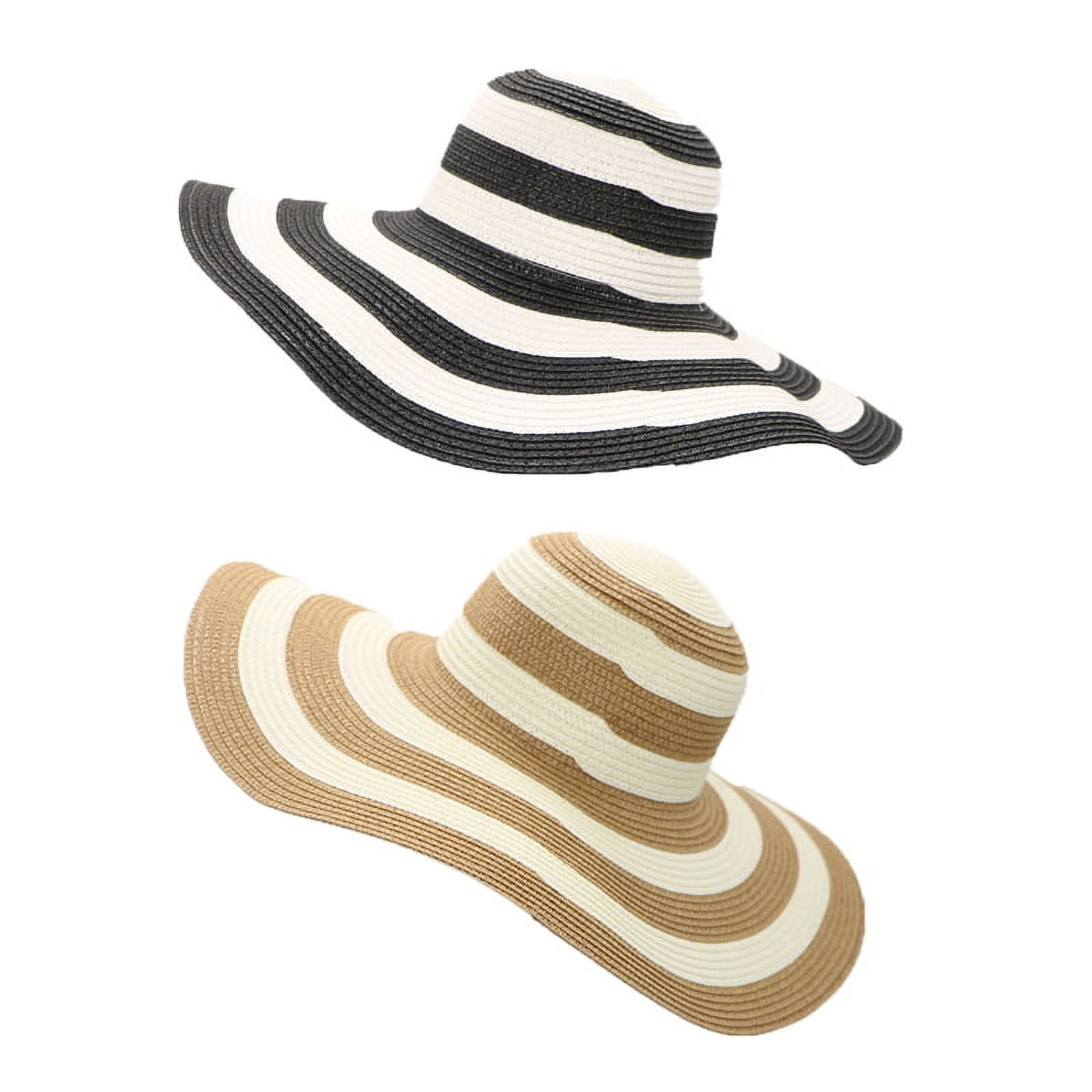 Baywell 2 Pack Women Striped Straw Hat Foldable Floppy Wide Brim Beach ...