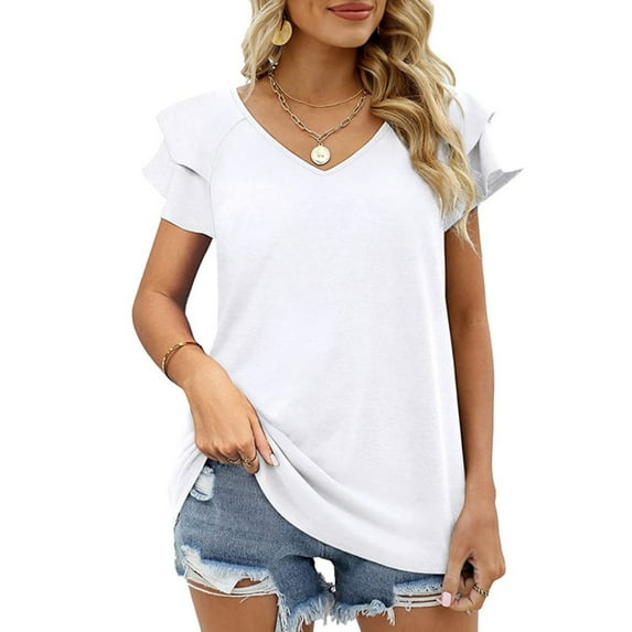 Baywell Double Layer Ruffle Sleeve Tops for Women Short Sleeve Shirts V ...