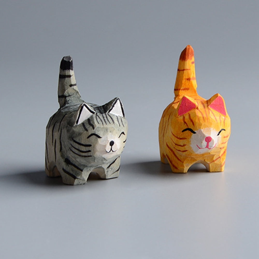 Baywell Mini Wooden Cat Figurine - Lovely Sculpted Kitten Hand-Painted ...